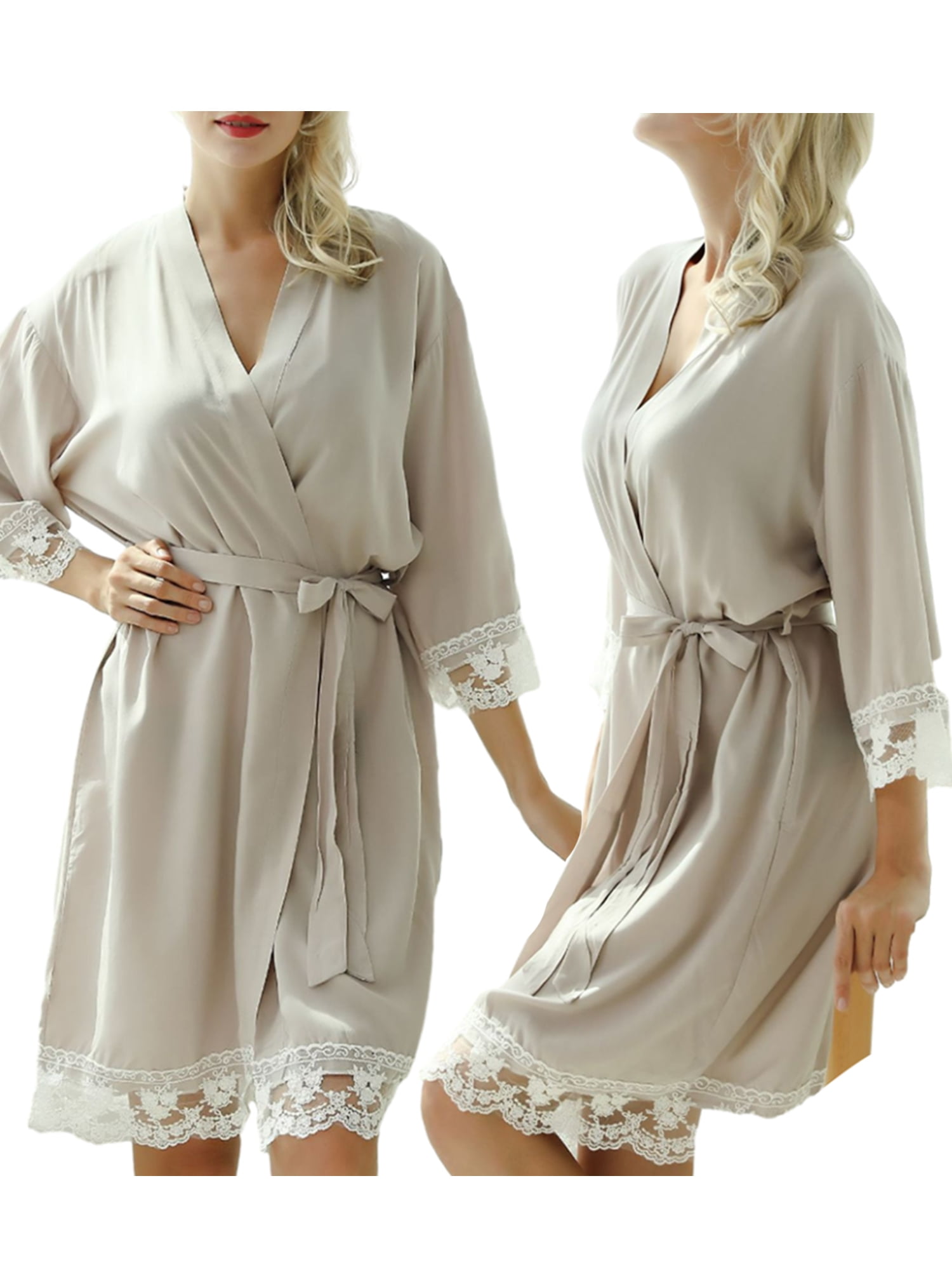 Biekopu Women Silk Robes Lace Trim Short Satin Sleepwear 3/4 Sleeve V ...