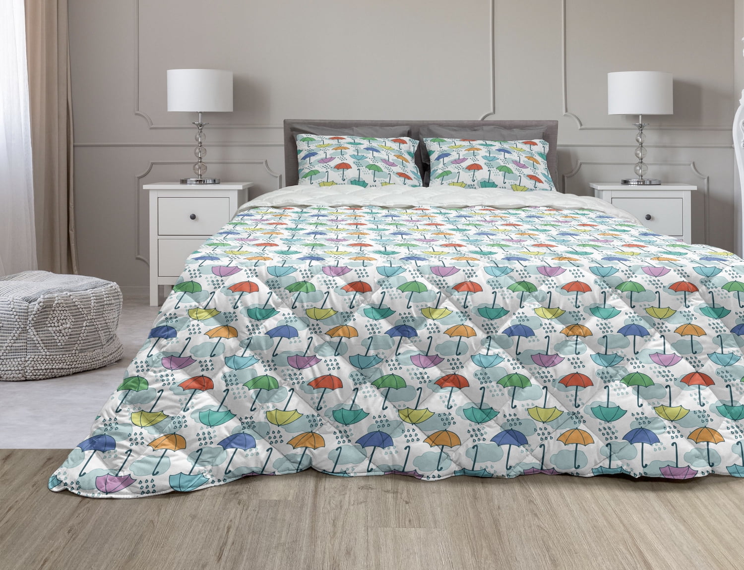 Umbrella Comforter & Sham Bedding Set, Parasol Pattern in the Rain ...