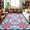 Boho Flower Area Rug, Blue Red Floral Abstract Lines Non-Slip Felt ...
