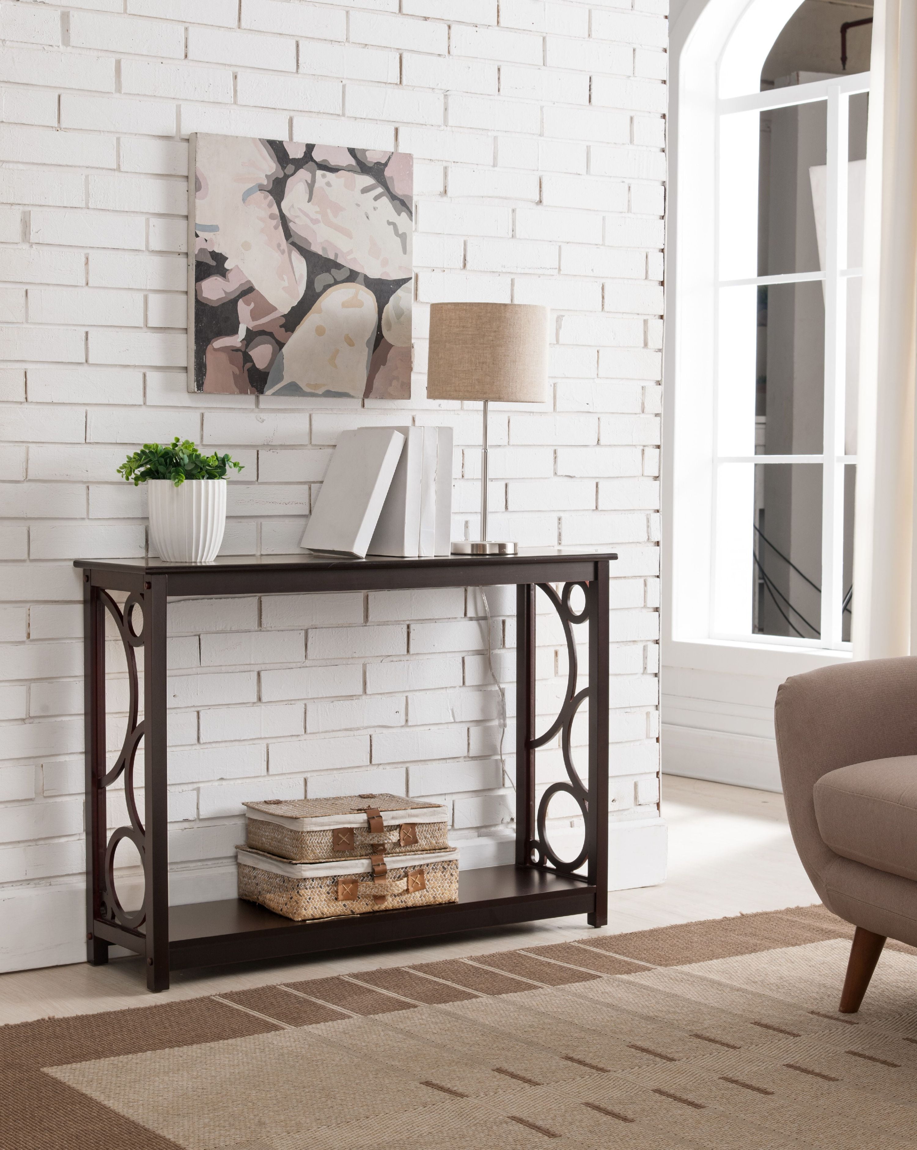 Wyatt Wooden Contemporary Console Sofa Table with Storage Shelf, Cherry ...