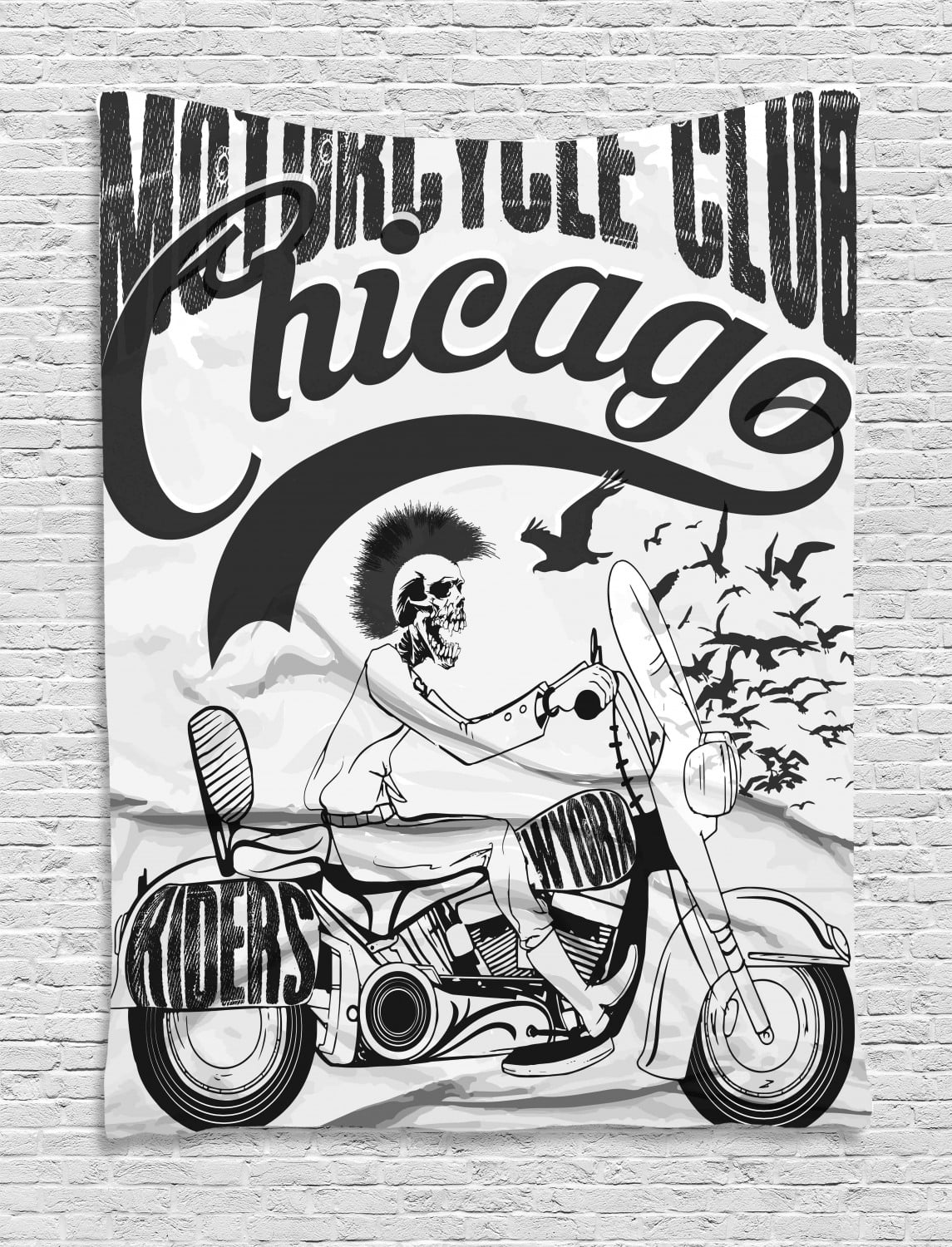 Chicago Tapestry, Nostalgic Groovy Motorcycle Club Chicago Lettering ...