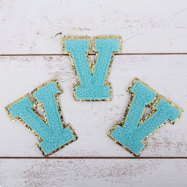 3 Pack Chenille Iron On Glitter Varsity Letter "V" Patches - Blue ...
