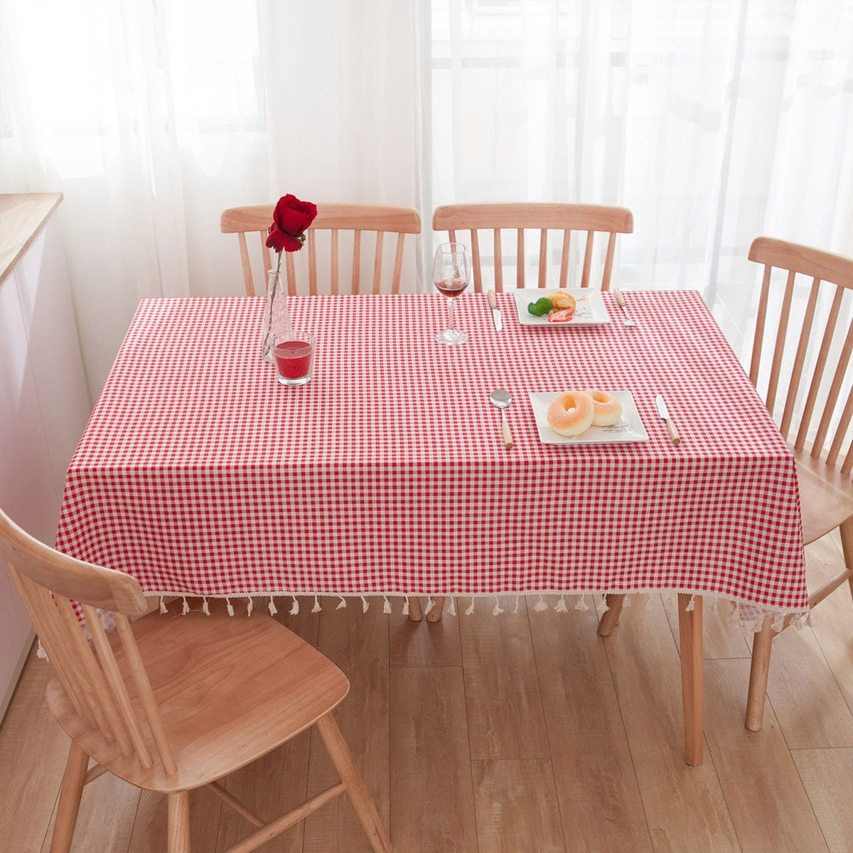 Cotton and hemp Checkered tassel Lace Rectangular Pastoral Tablecloth ...
