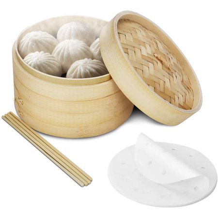 Bamboo Steam Ba ket Set (8 inch), 50 x Steam Lin and 2 Pair of Chop ...