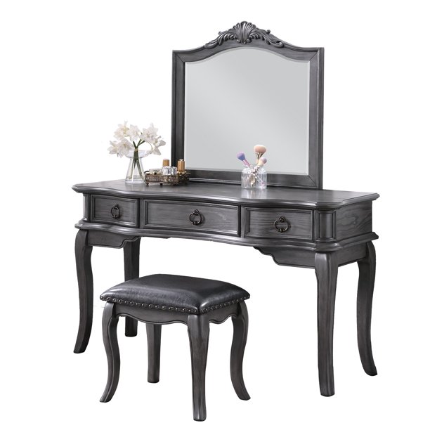 Poundex Furniture Wood Vanity Set with Stool and Mirror in Gray Color ...
