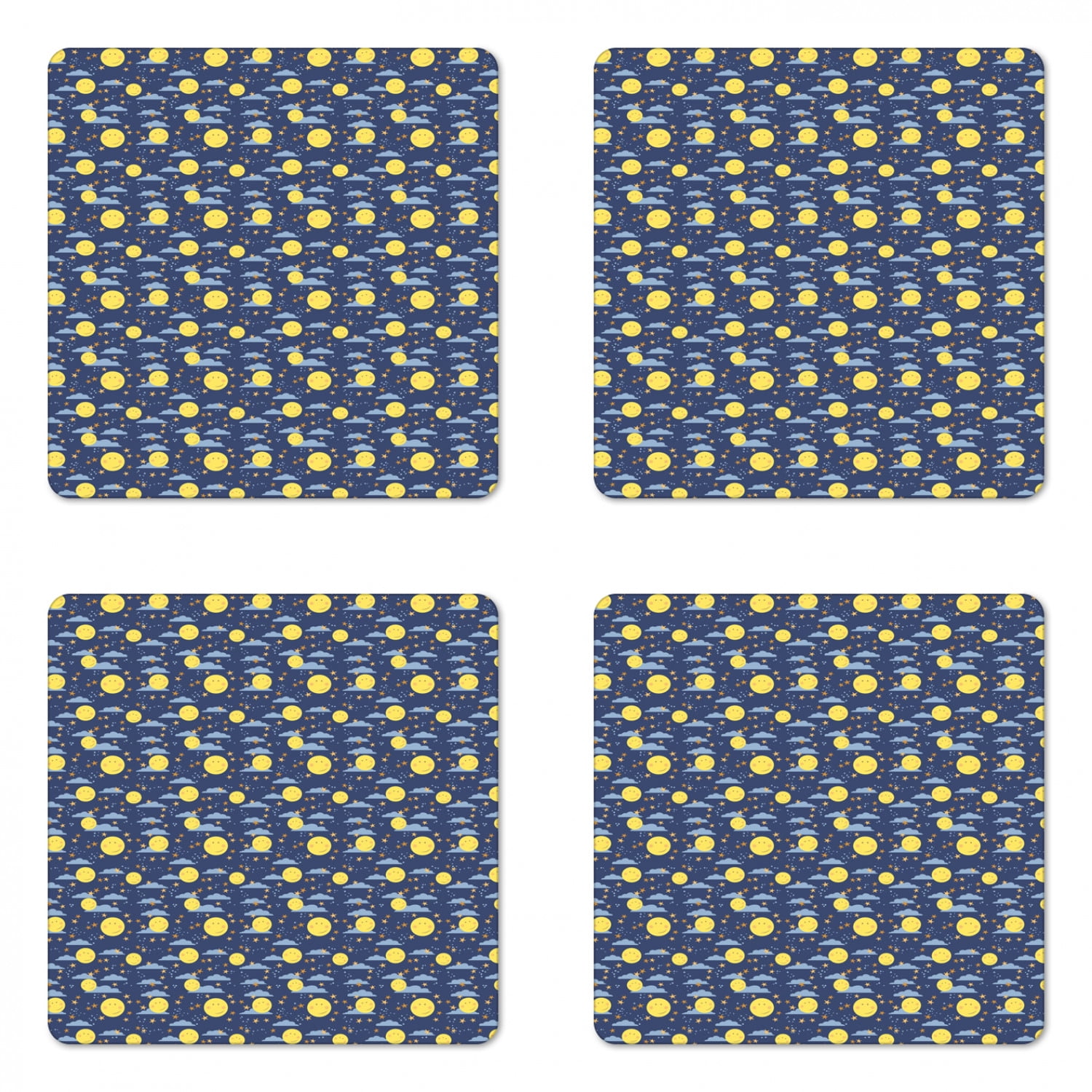Moon Coaster Set of 4, Smiling Full Moon Faces with Stars and Clouds ...