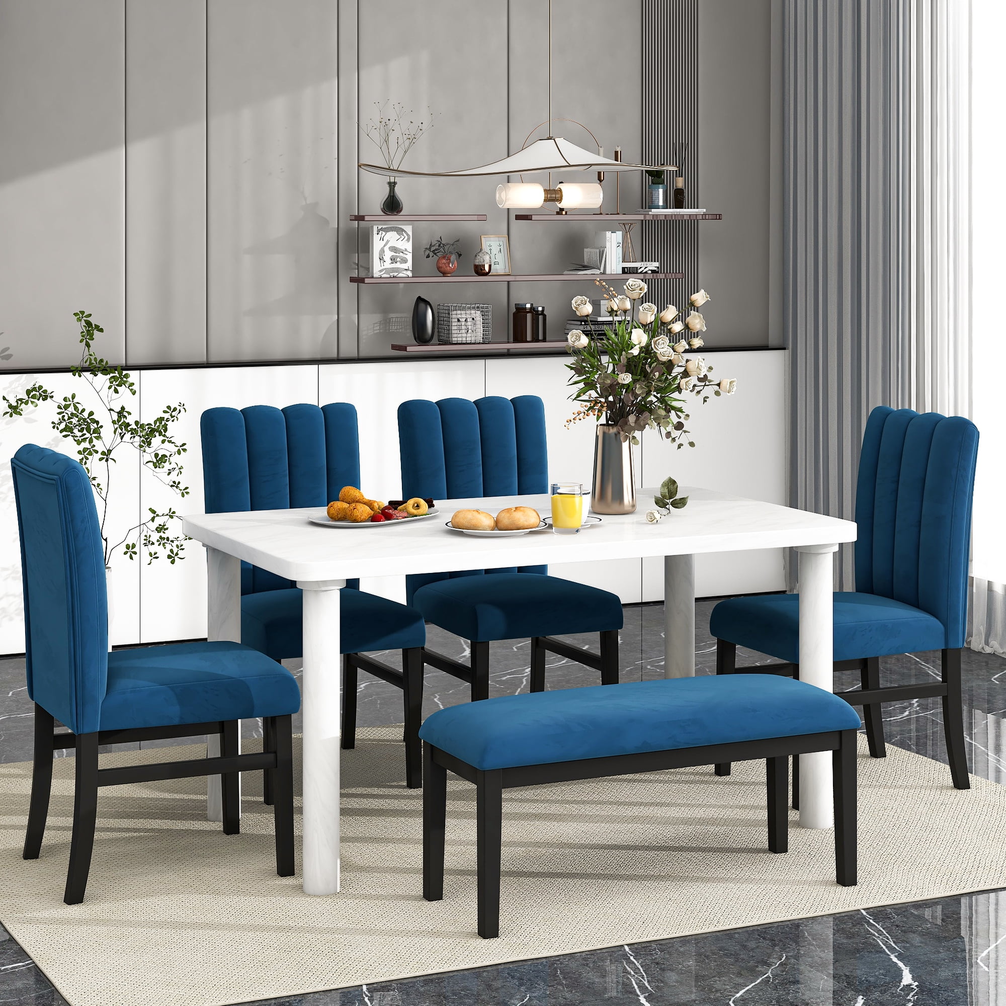 CoSoTower 6-Piece Dining Table Set with Marble Veneer Table and 4 ...