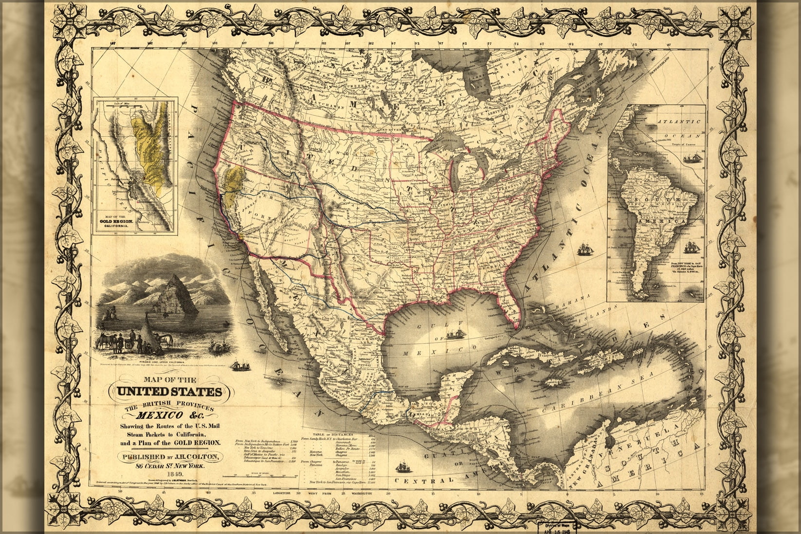 24"x36" Gallery Poster, Map of the United States, canada, Mexico 1849 ...
