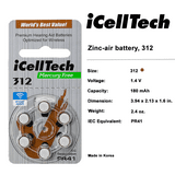 iCellTech Hearing Aid Batteries, Size 312, Zinc-Air, 60 Batteries, 1.4V ...