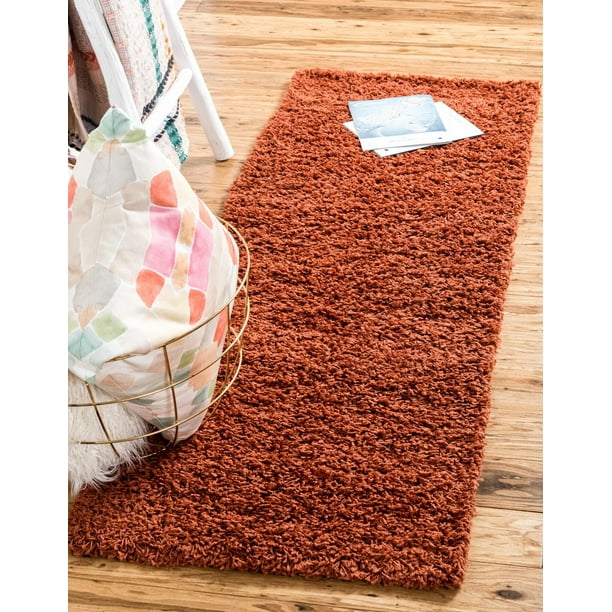 Rugs.com Solid Shag Collection Rug – 10 Ft Runner Terracotta Shag Rug ...