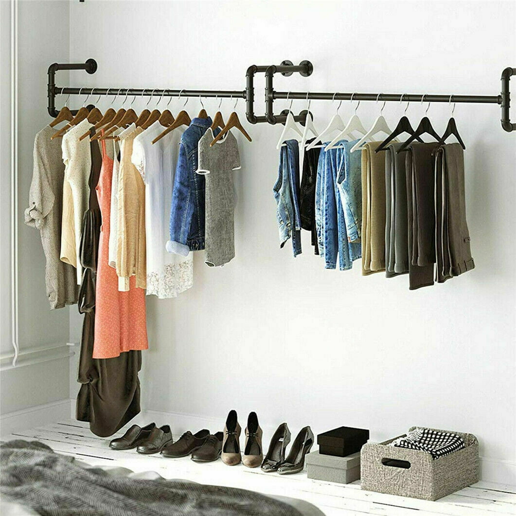 Garment Clothes Closet Storage Rack Wall Mount Rail Hanging Iron Pipe ...