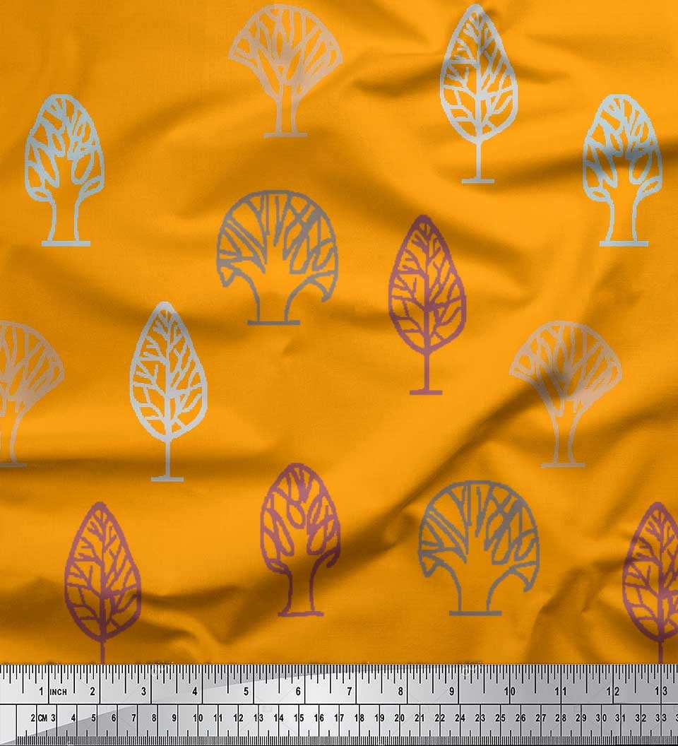 Soimoi Satin Silk Fabric Block Tree Print Fabric by The Yard 42 Inch ...