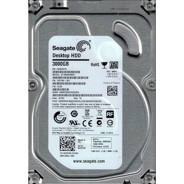 Seagate ST3000DM001 P/N: 1ER166-501 F/W: CC25 3TB TK ZA5 - Walmart.com