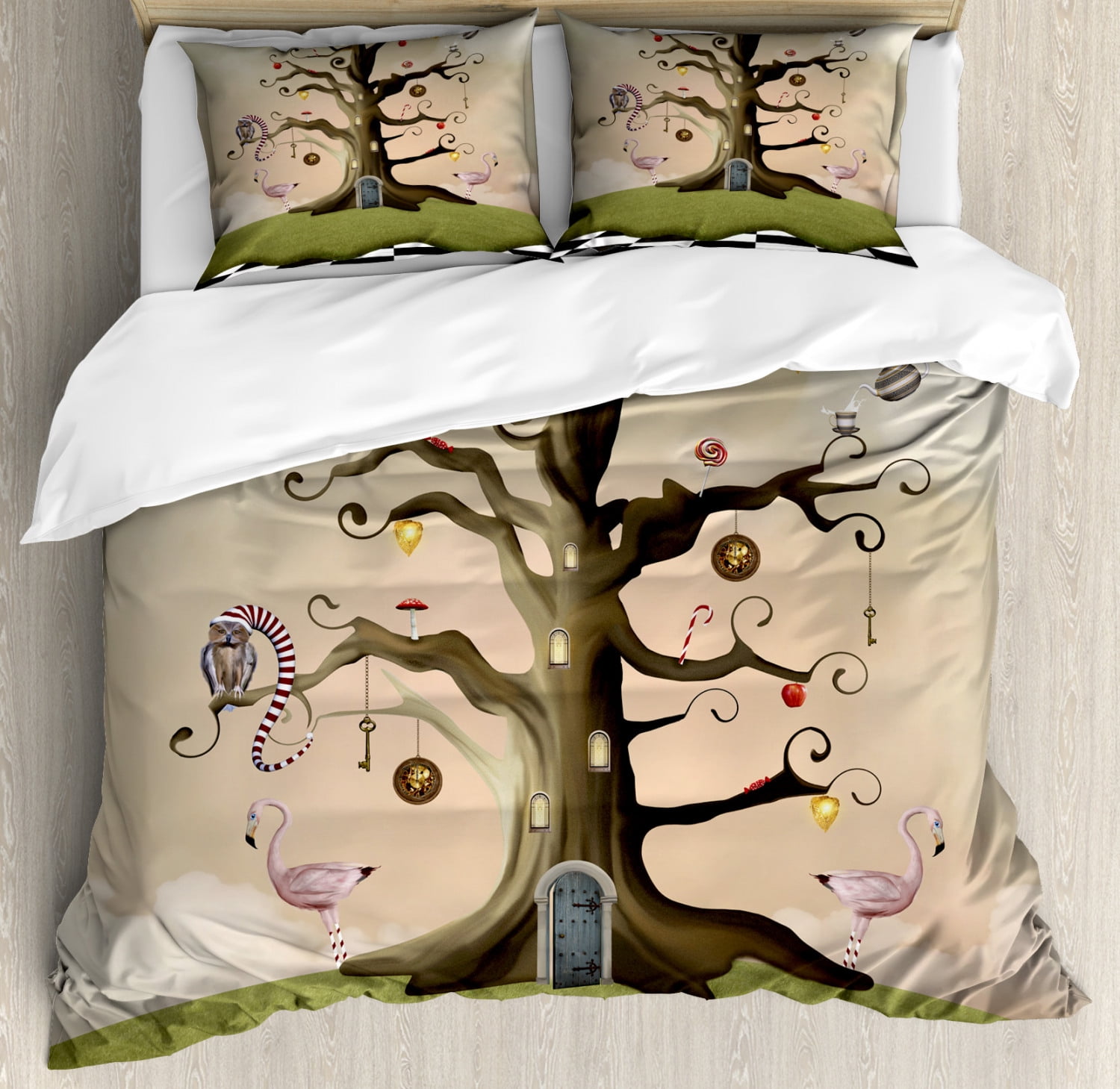 Tree Duvet Cover Set Queen Size, Wonderland Themed Leafless Bole with ...