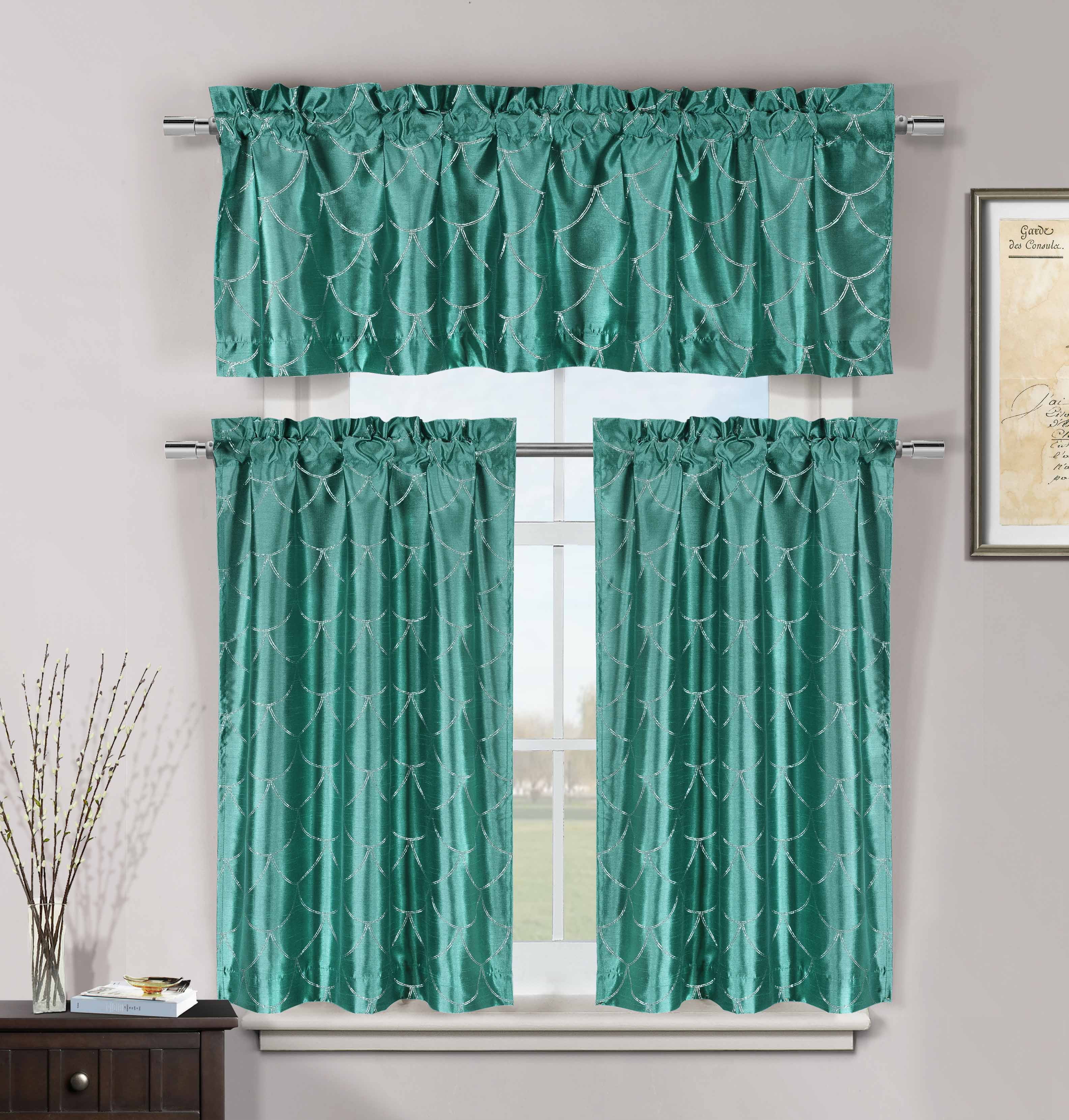 Teal 3 Pc Kitchen Window Curtain Set: Faux Silk, Metallic Raised Pin ...