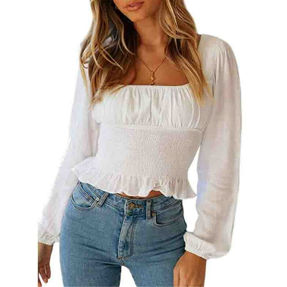 Aunavey Aunavey Womens Frill Smock Crop Top Retro Square Neck Long