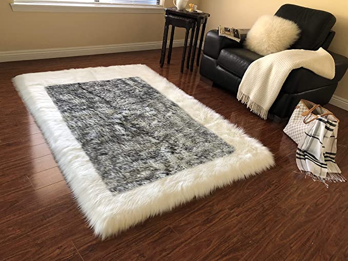 Lambzy Faux Sheepskin Rectangular Fluffy Shag Area Rug 8’x8’ White ...