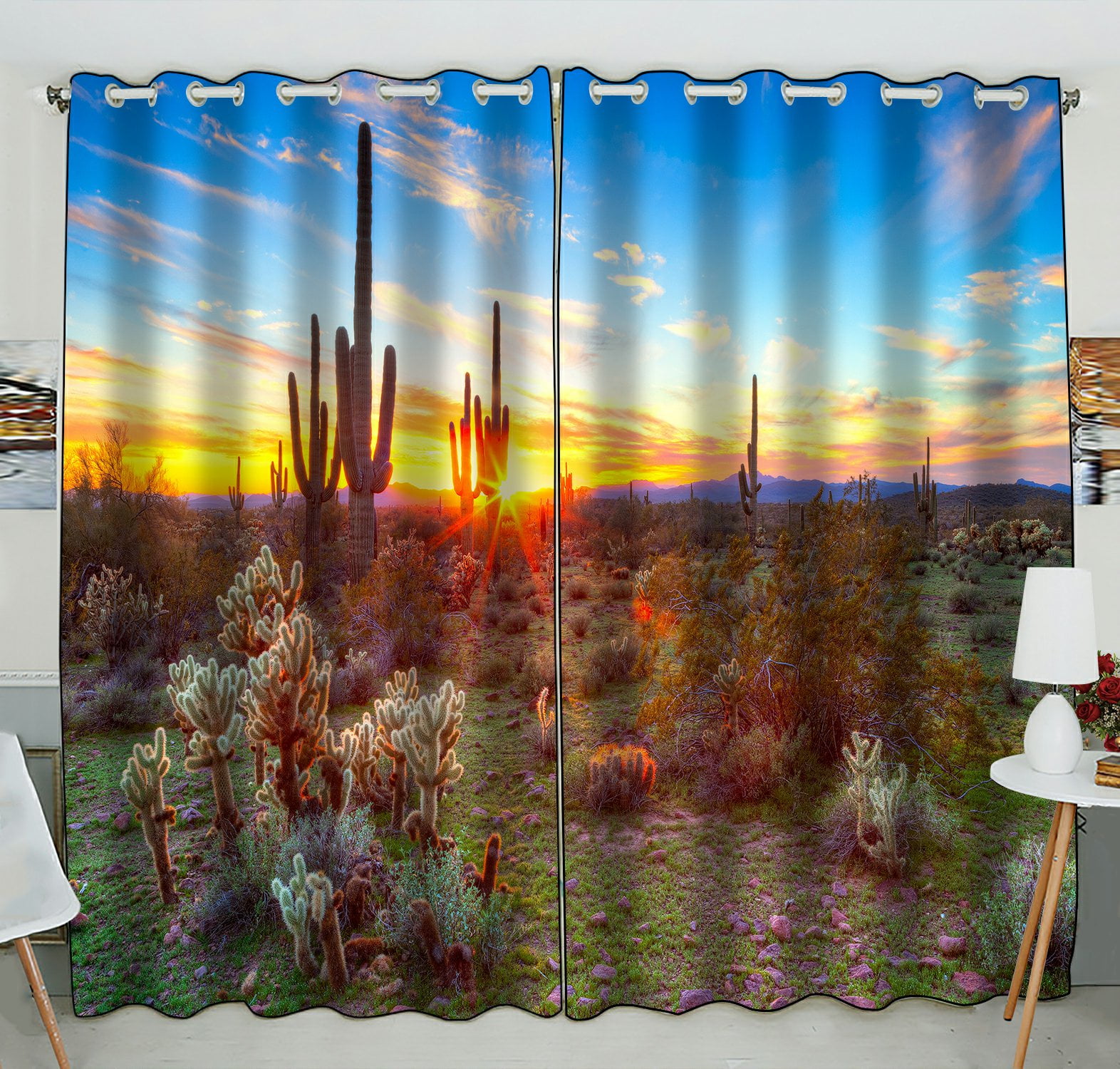 Phfzk Landscape Nature Scenery Window Curtain, The Cactus And Sun In ...