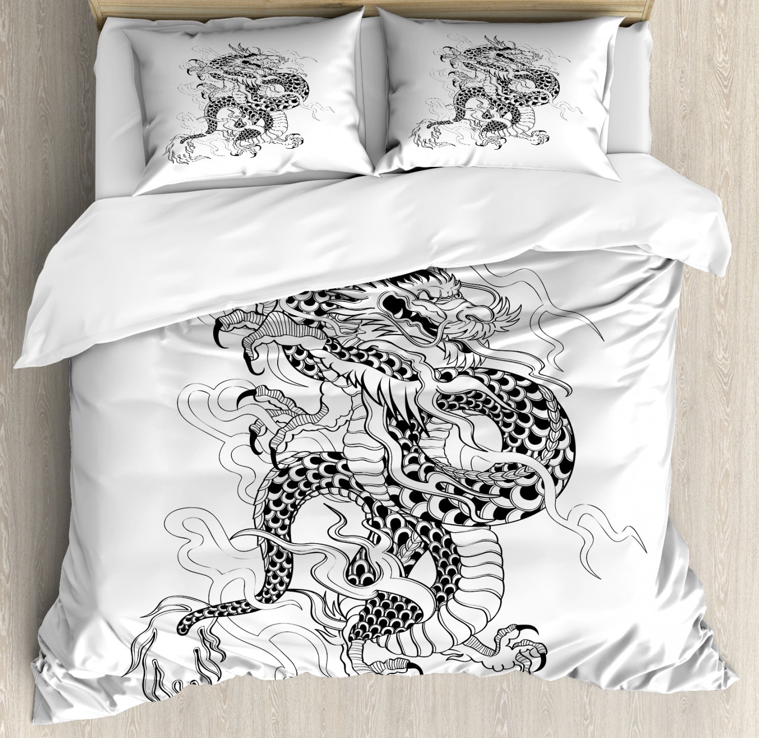Japanese Dragon Duvet Cover Set King Size, Sketch Artwork Style Ancient ...