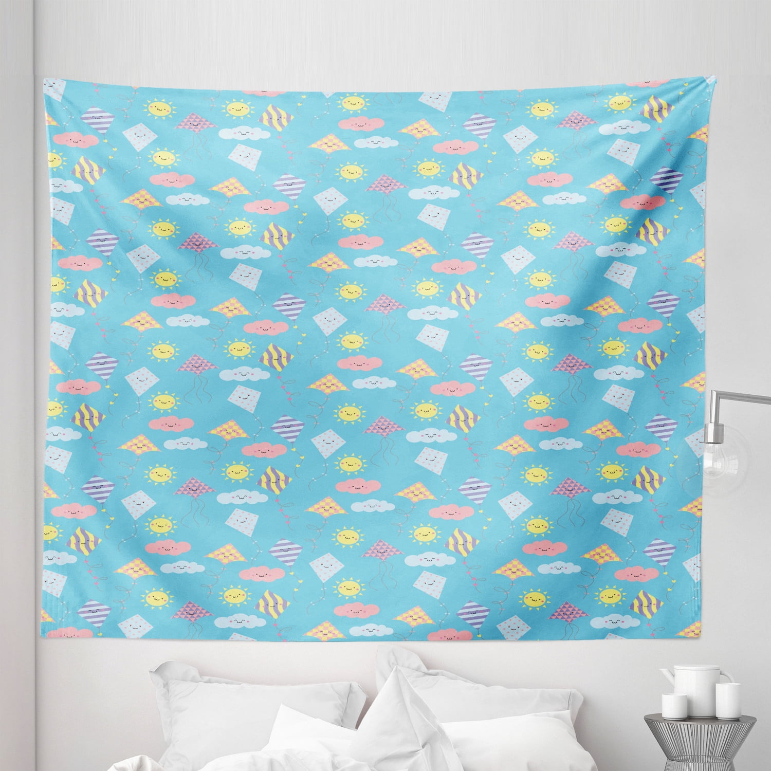 Kites Tapestry, Pastel Colored Cartoon with Smiling Sun Clouds and ...