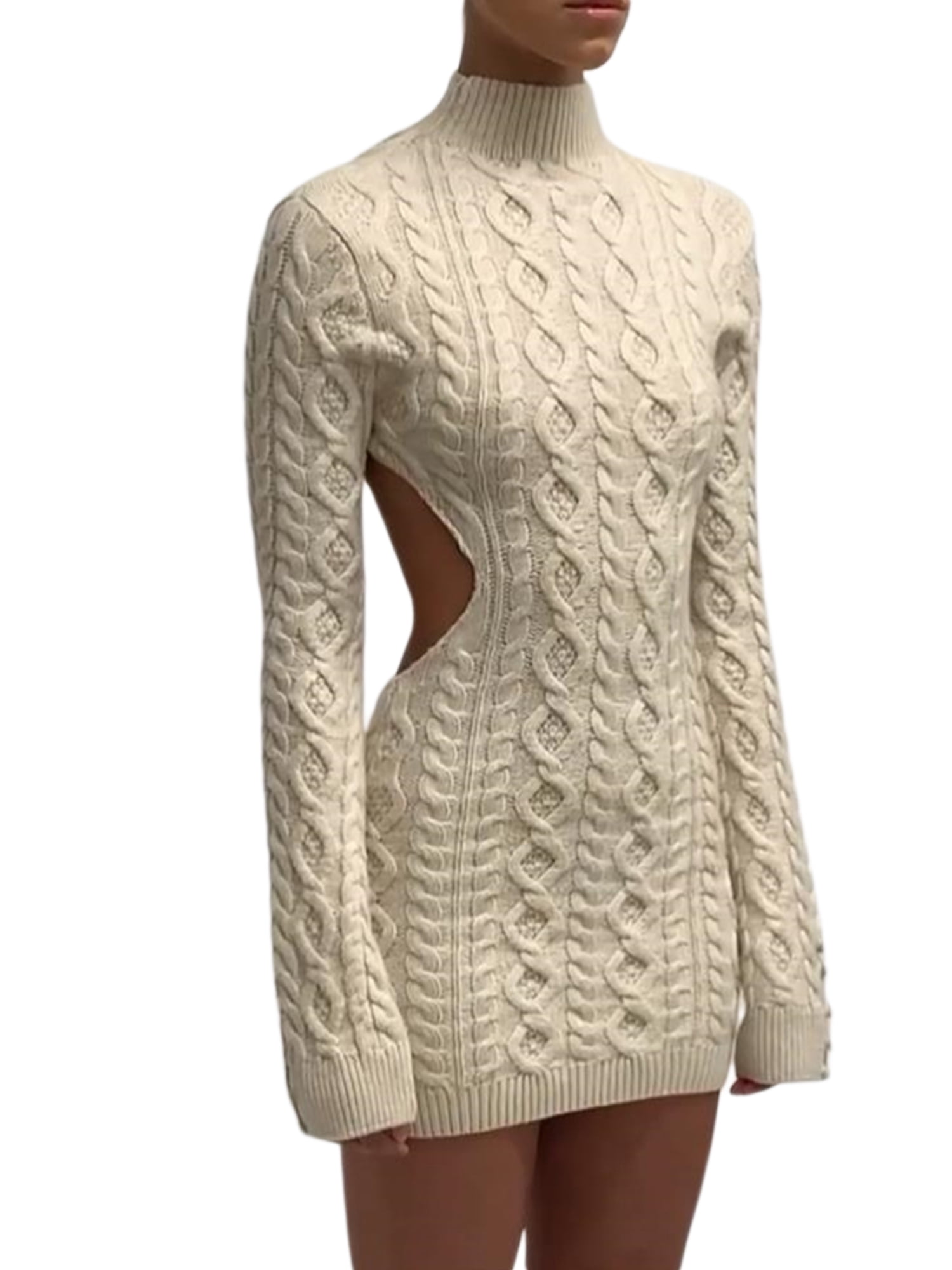 Women Sweater Dress Turtleneck Cable Knit Long Sleeve Backless Sweater ...