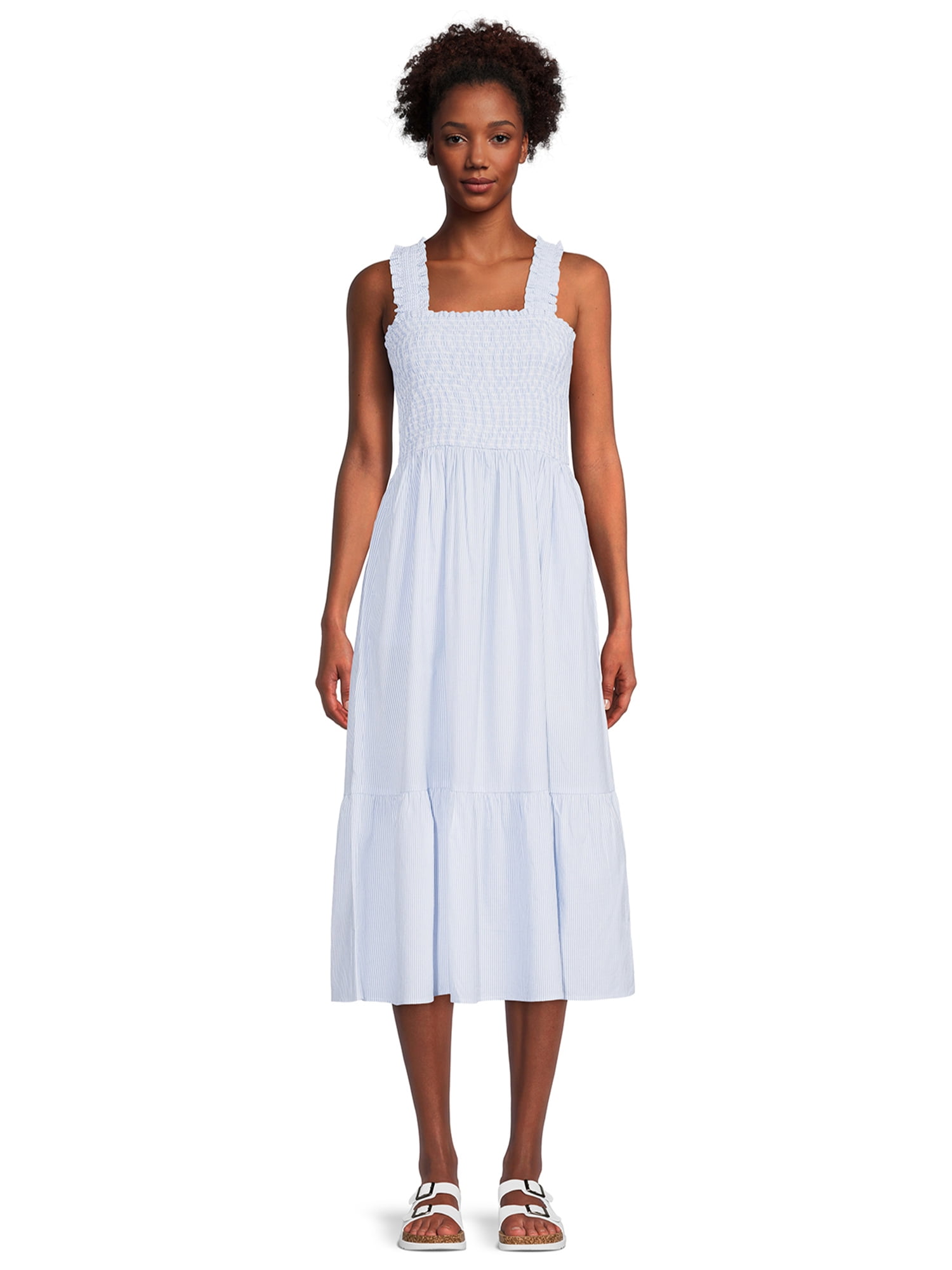 Time and Tru Women's Smocked Midi Dress with Ruffle Straps - Walmart.com