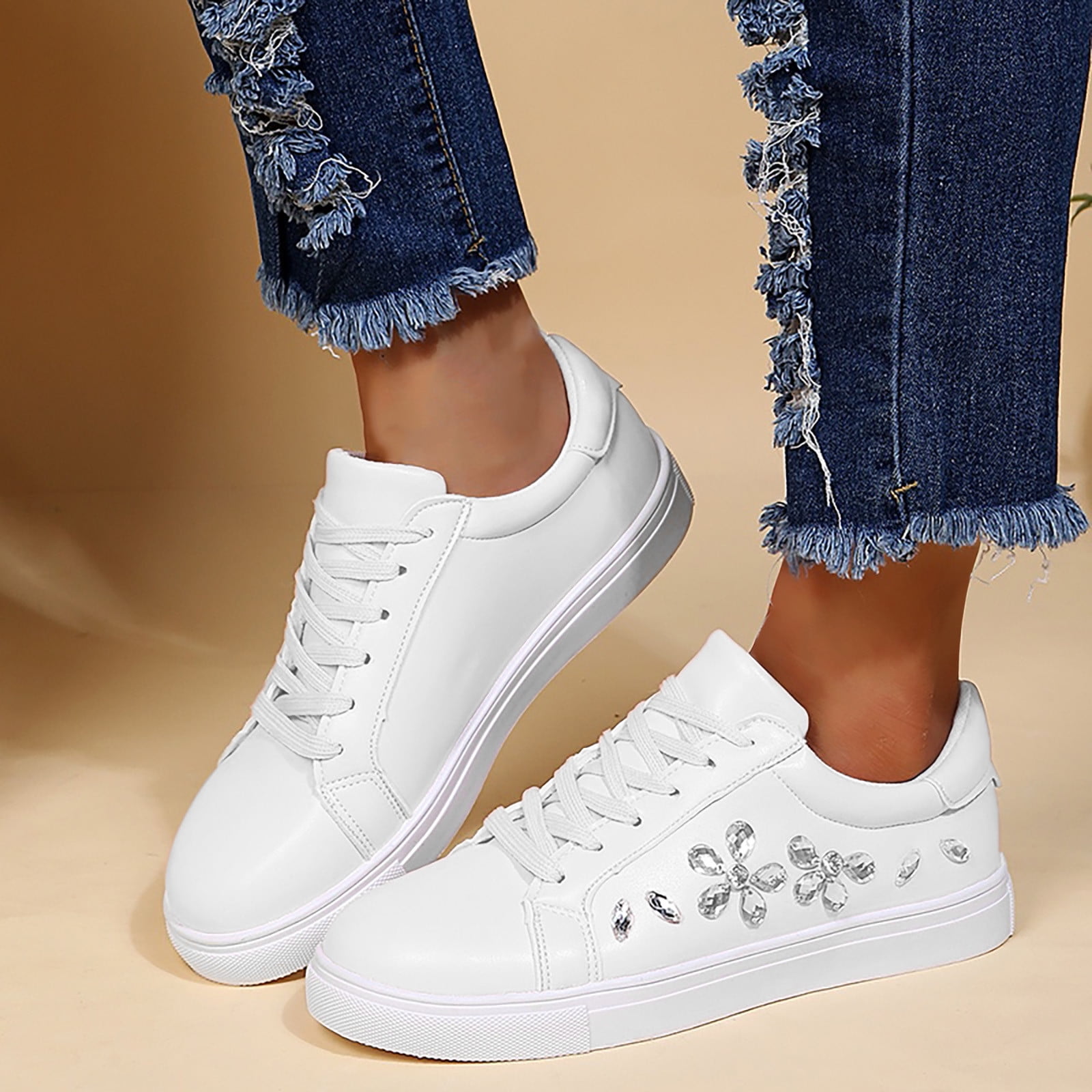 FZM Women Shoes Women s Fashion Sneakers Rhinestone Shoes White