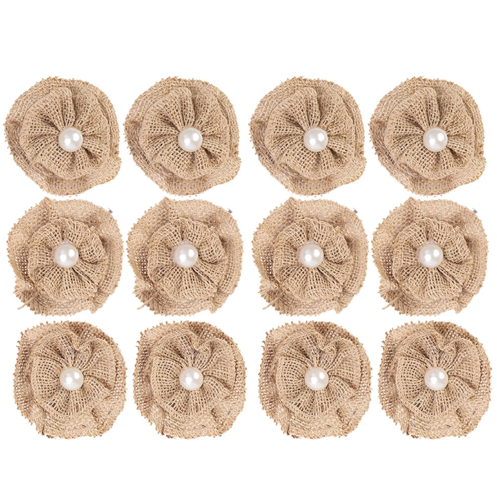 KAKOWELY Juego de 12 flores de yute lisas con perla, decorativas ...