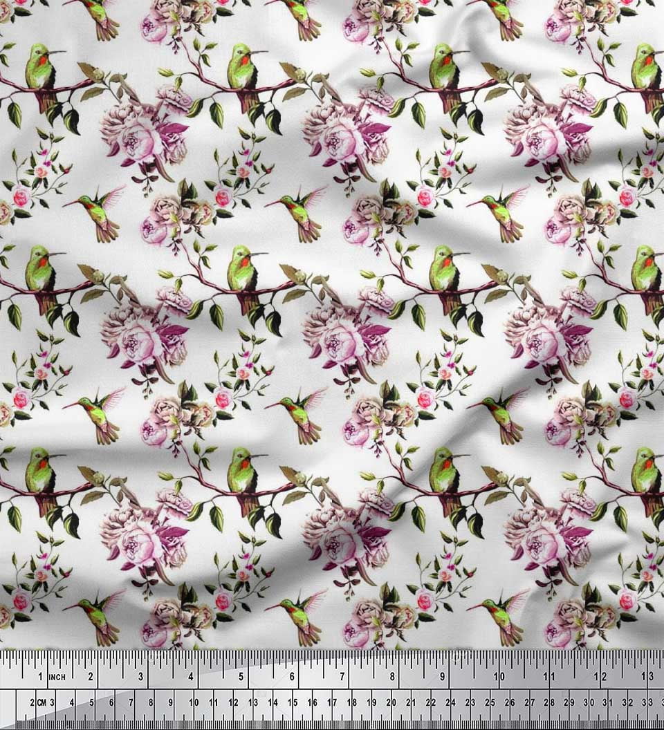 Soimoi Silk Fabric Hummingbird,Leaves & Rose Floral Print Fabric by the ...