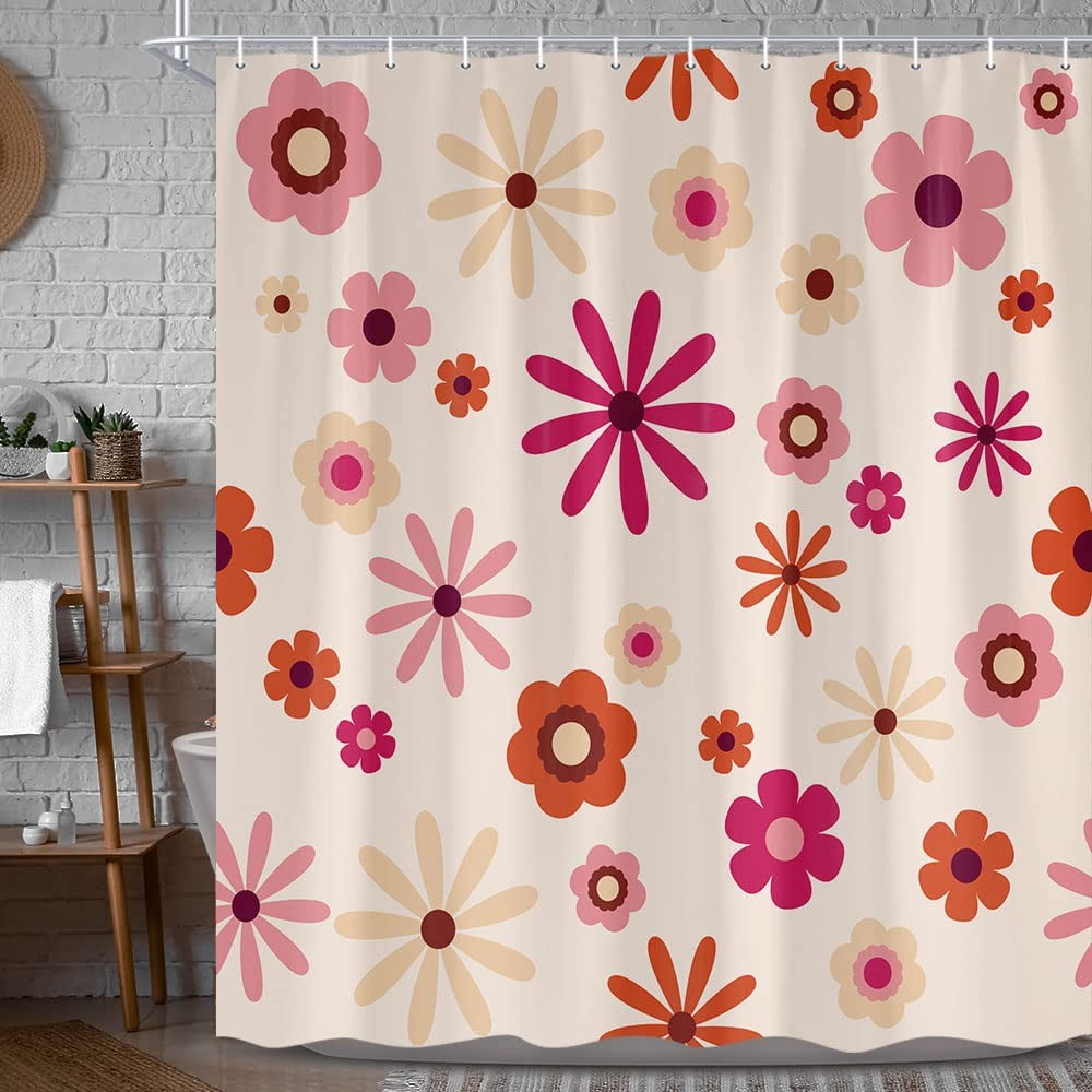 70''s Indie Retro Aesthetic Shower Curtain for Bathroom, Pink Orange ...