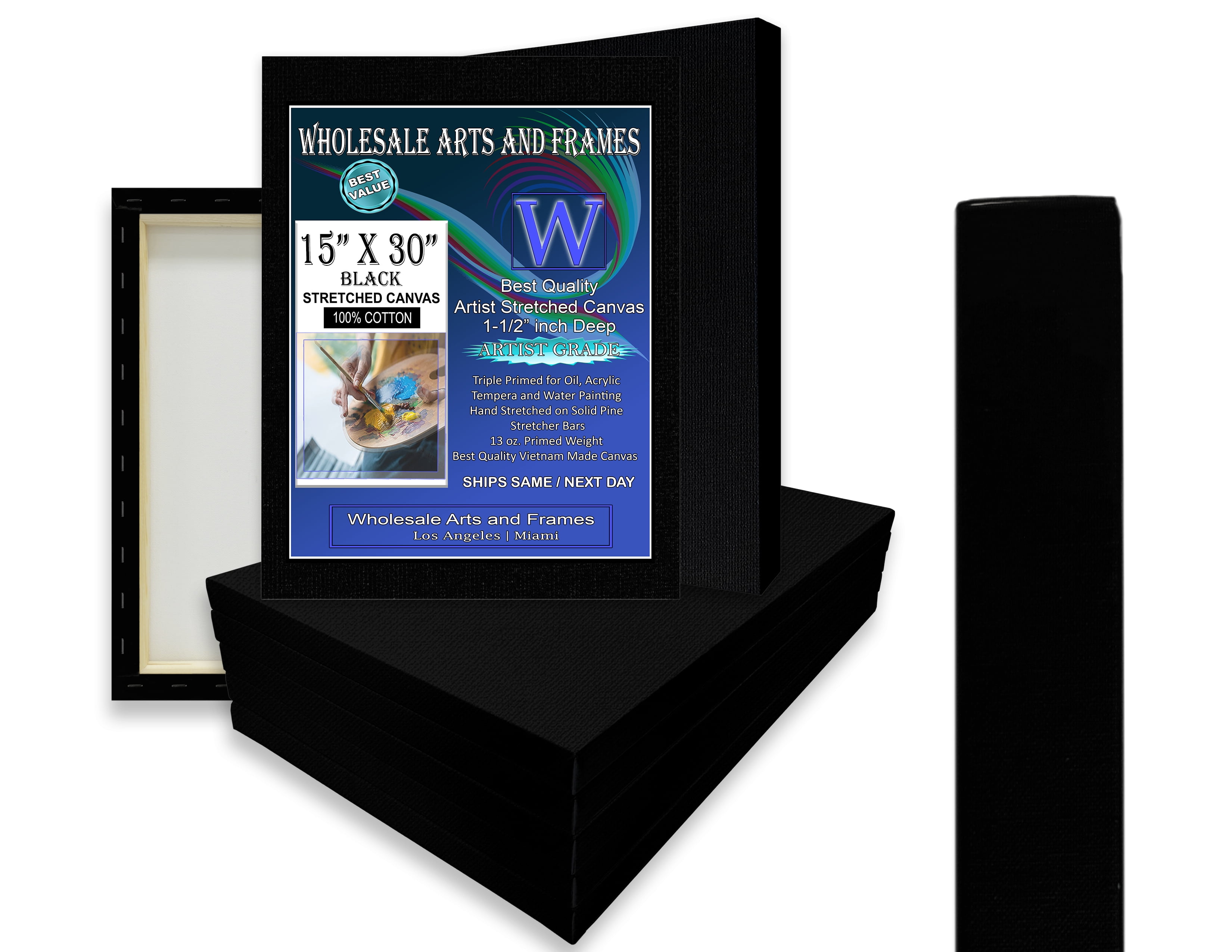 1-1/2" Gallery Depth Black Stretched Canvas 15x30 5 Pack 13oz ...