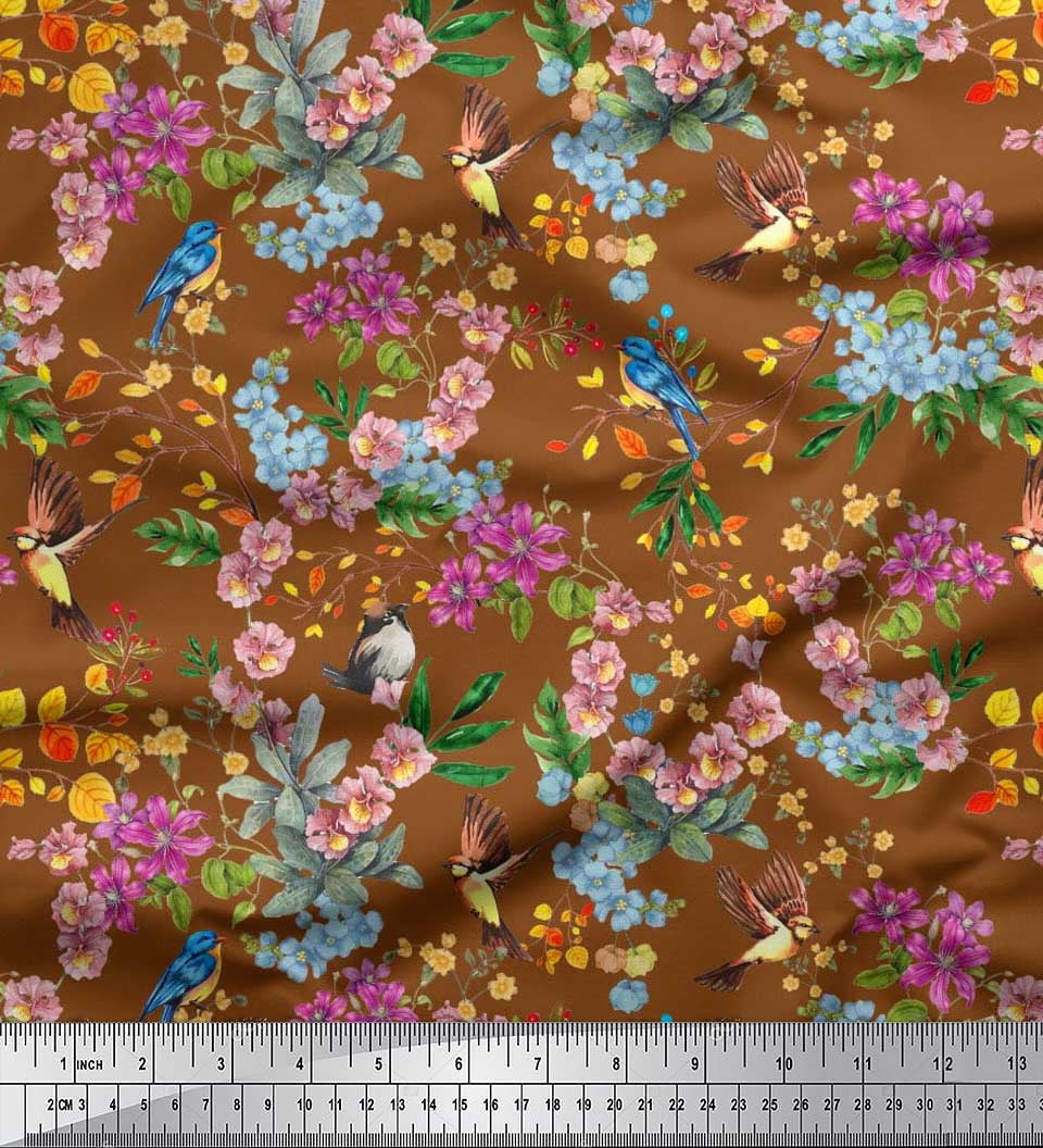 Soimoi Brown Poly Georgette Fabric Floral,American Robin & Bluebird ...