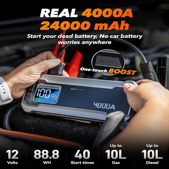 WolfBox 4000A Portable Car Battery Jump Starter, 12V Power Pack, 10L ...