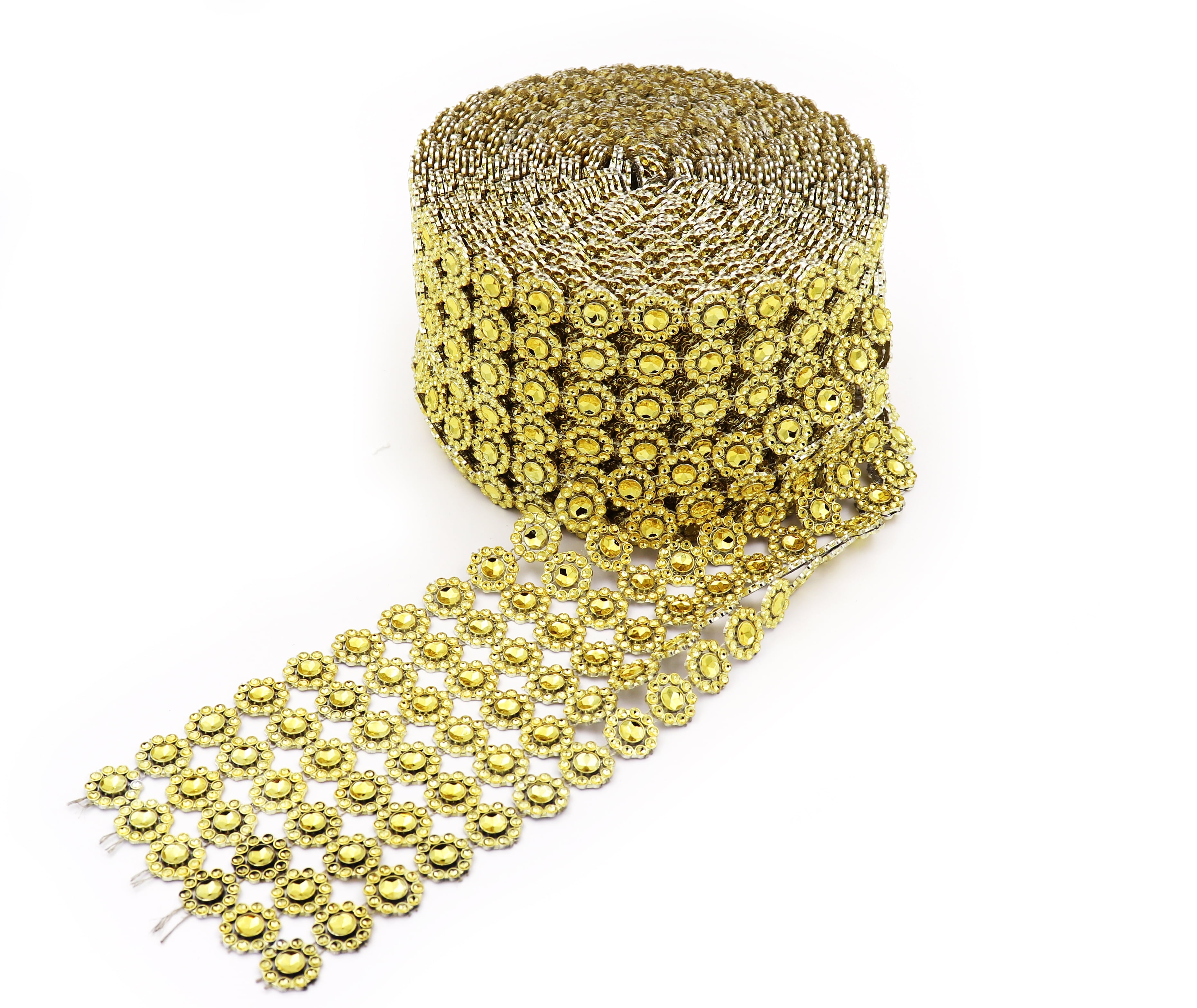 JOICE GIFT Gold Diamond Flower Bling Mesh Rhinestone Ribbon Wrap 6 Row ...