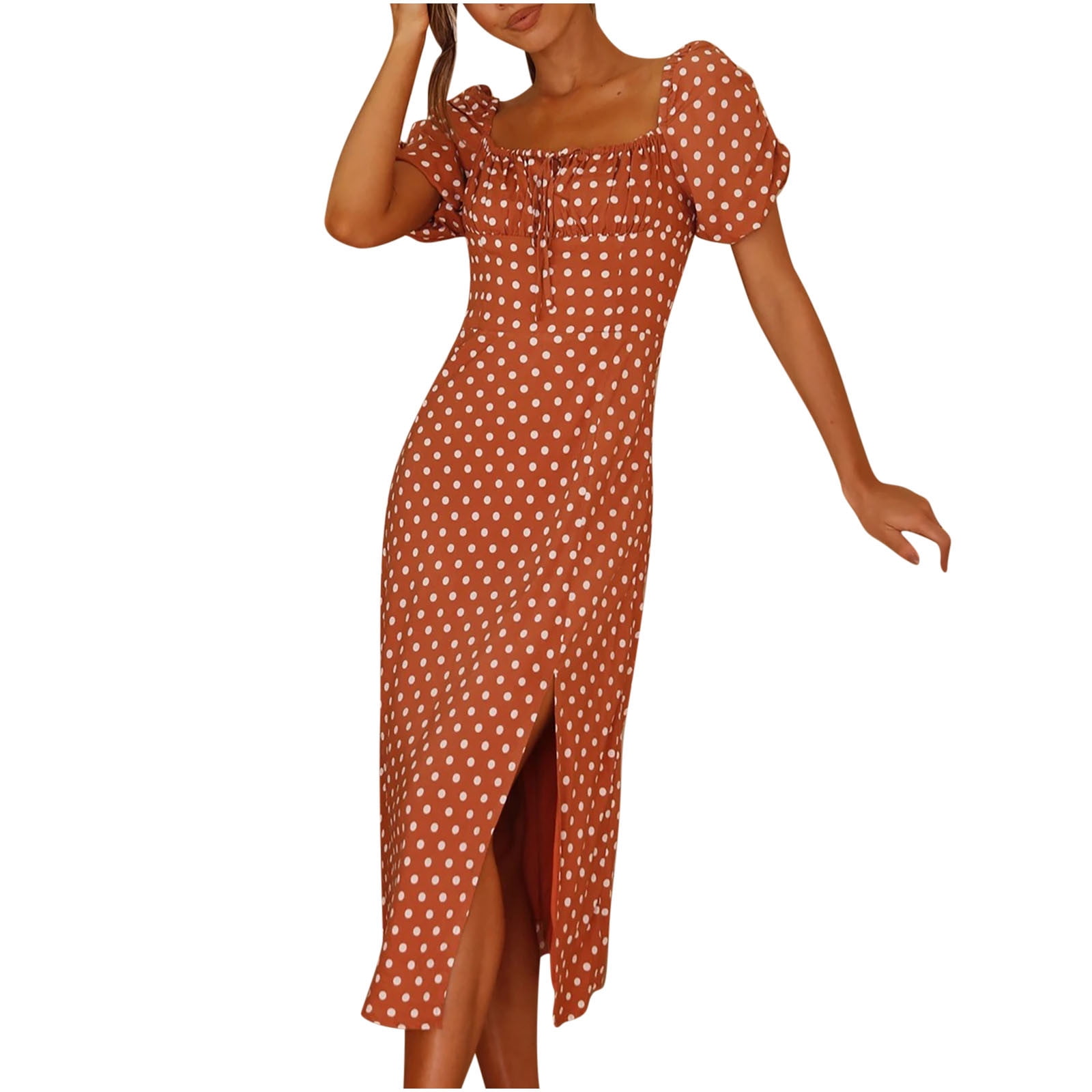 Women s Summer Square Collar Short Sleeve Chest Lace Up Polka Dot Split women-s-summer-square-collar-short-sleeve-chest-lace-up-polka-dot-split