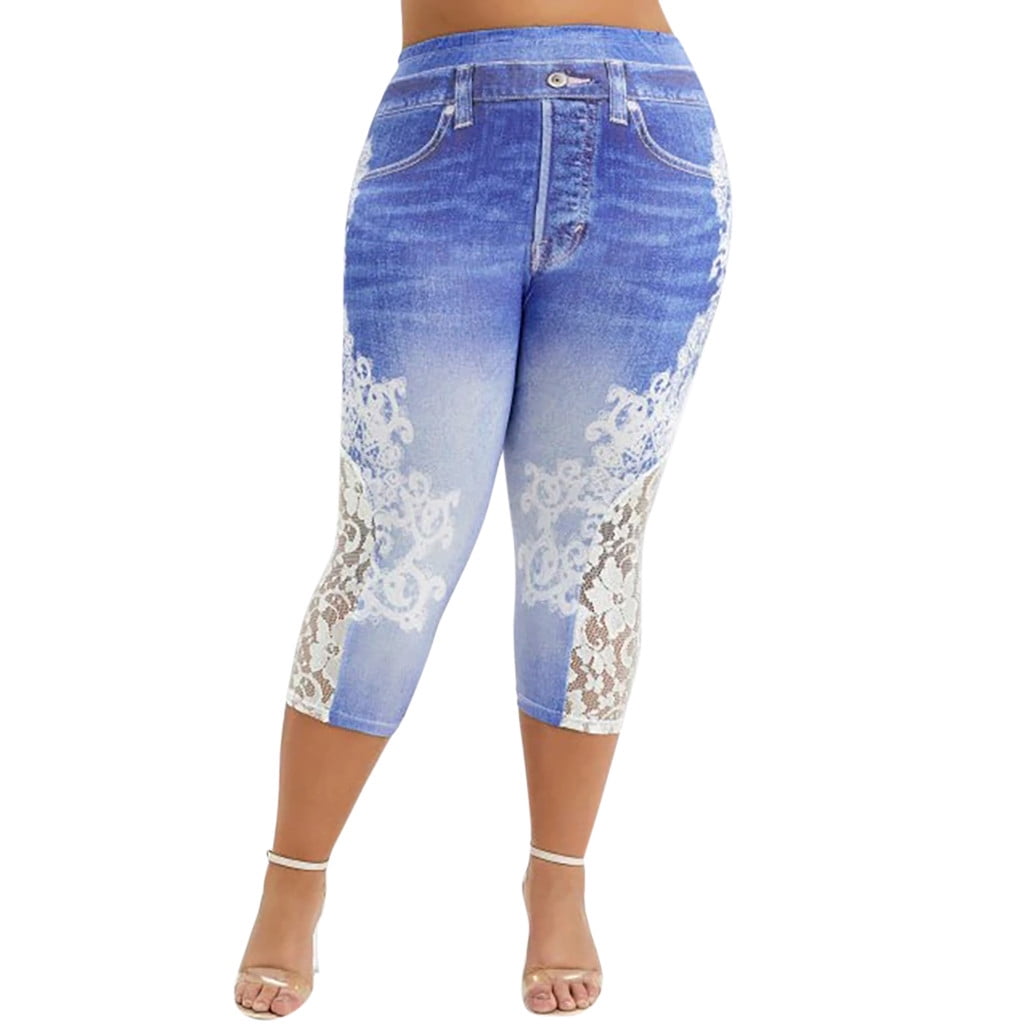 Owordtank High Waisted Plus Size Fake Jeans Casual Lace Trim Capris ...
