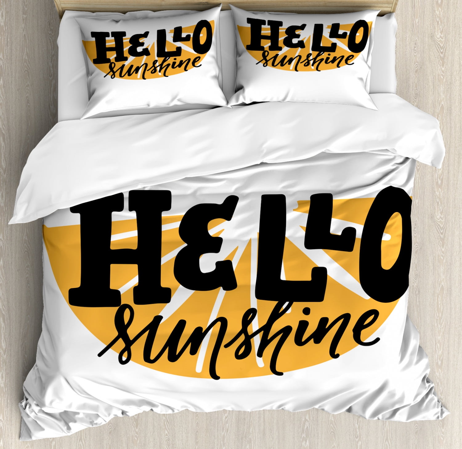 Hello Sunshine Duvet Cover Set Queen Size, Warm Colored Abstract Shape Background with Funky ...