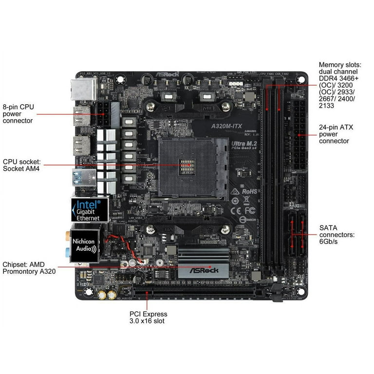 ASRock A320M-ITX AM4 AMD Promontory A320 SATA 6Gb/s USB 3.1 ASRock A320M-ITX AM4 AMD Promontory A320 SATA 6Gb/s USB 3.1
