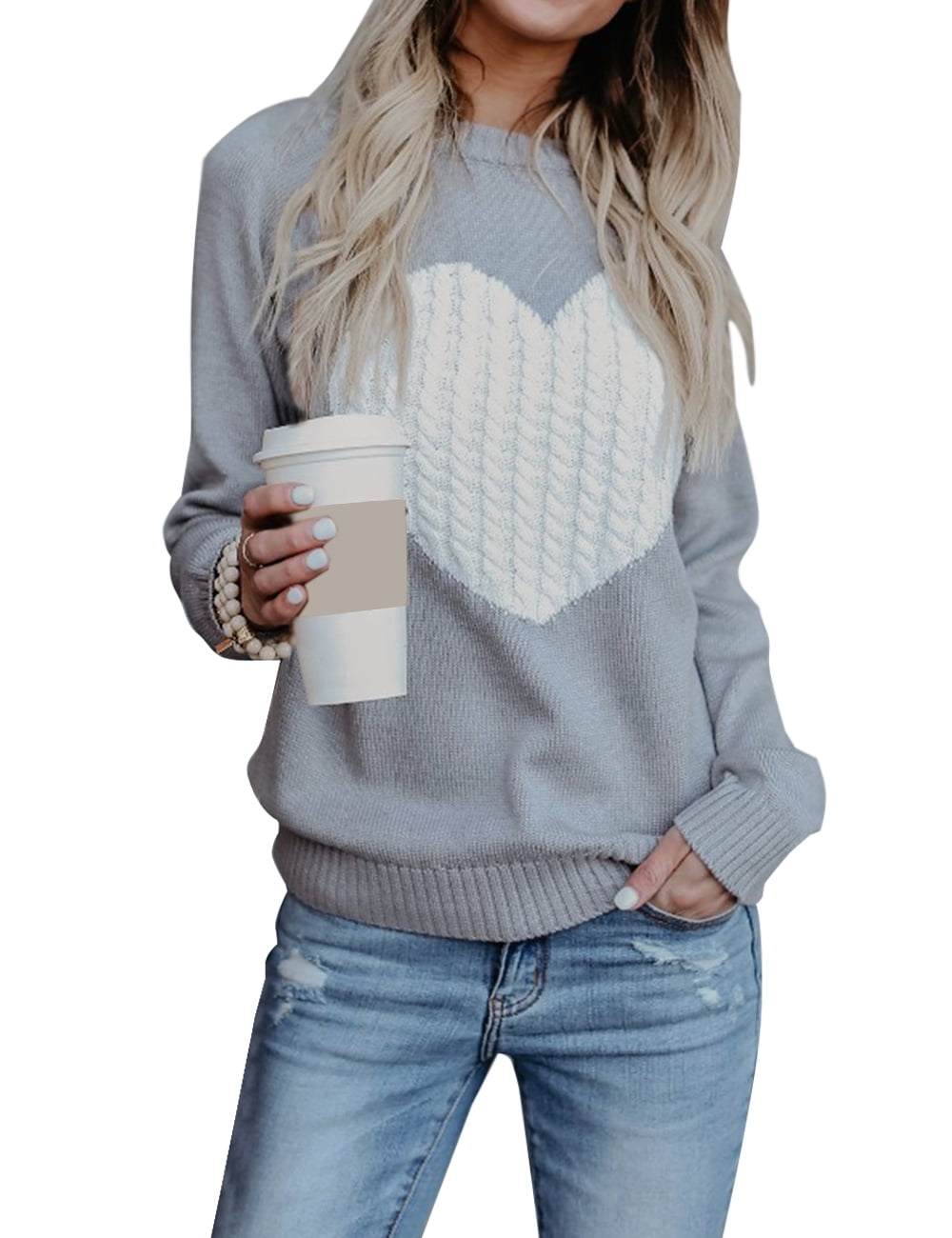 Cogild Women Cute Heart Sweaters Casual Crew Neck Pullover Cable ...