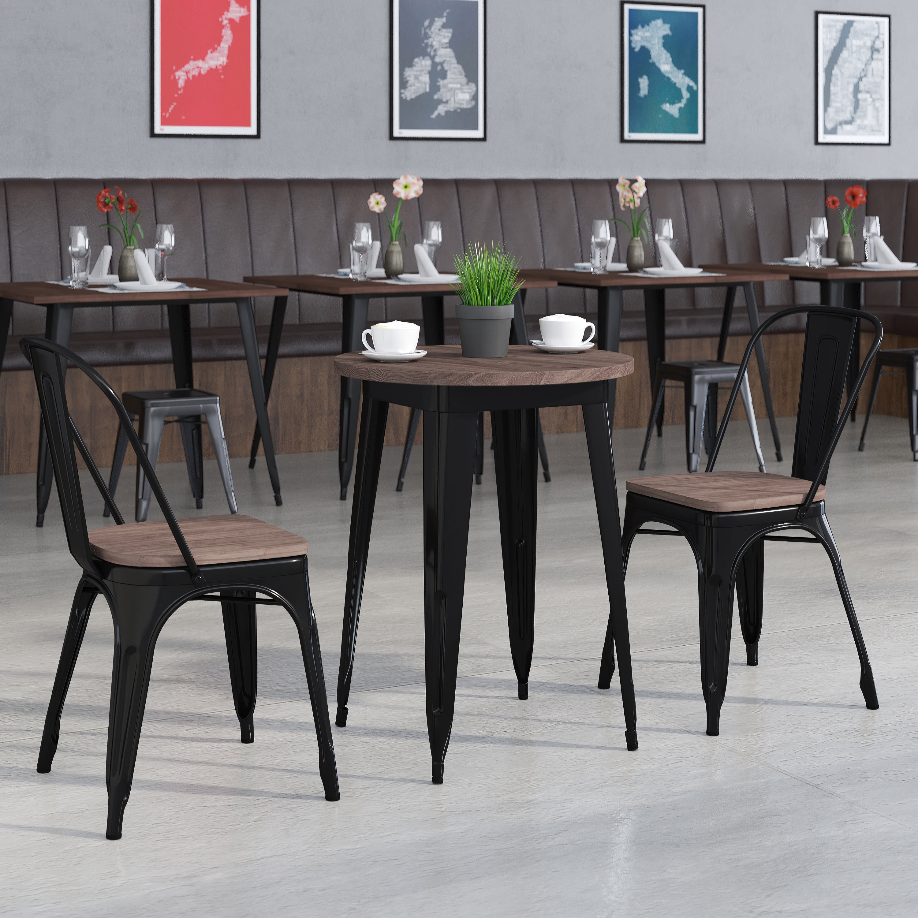 Emma + Oliver 24" Round Black Metal/Wood Table Set - 2 Stack Chairs ...