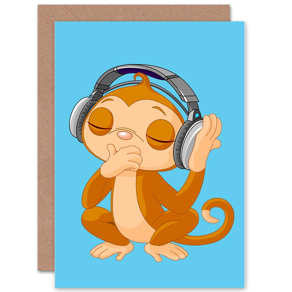 Monkey Dj Music Cute Animal Cartoon Greetings Card Plus Envelope Blank ...