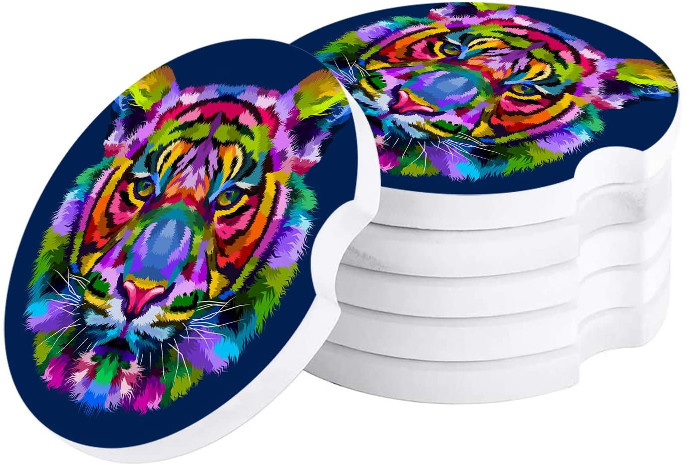 FMSHPON Pop Art Colorful Tiger Dark Blue Set of 2 Car Coaster for ...