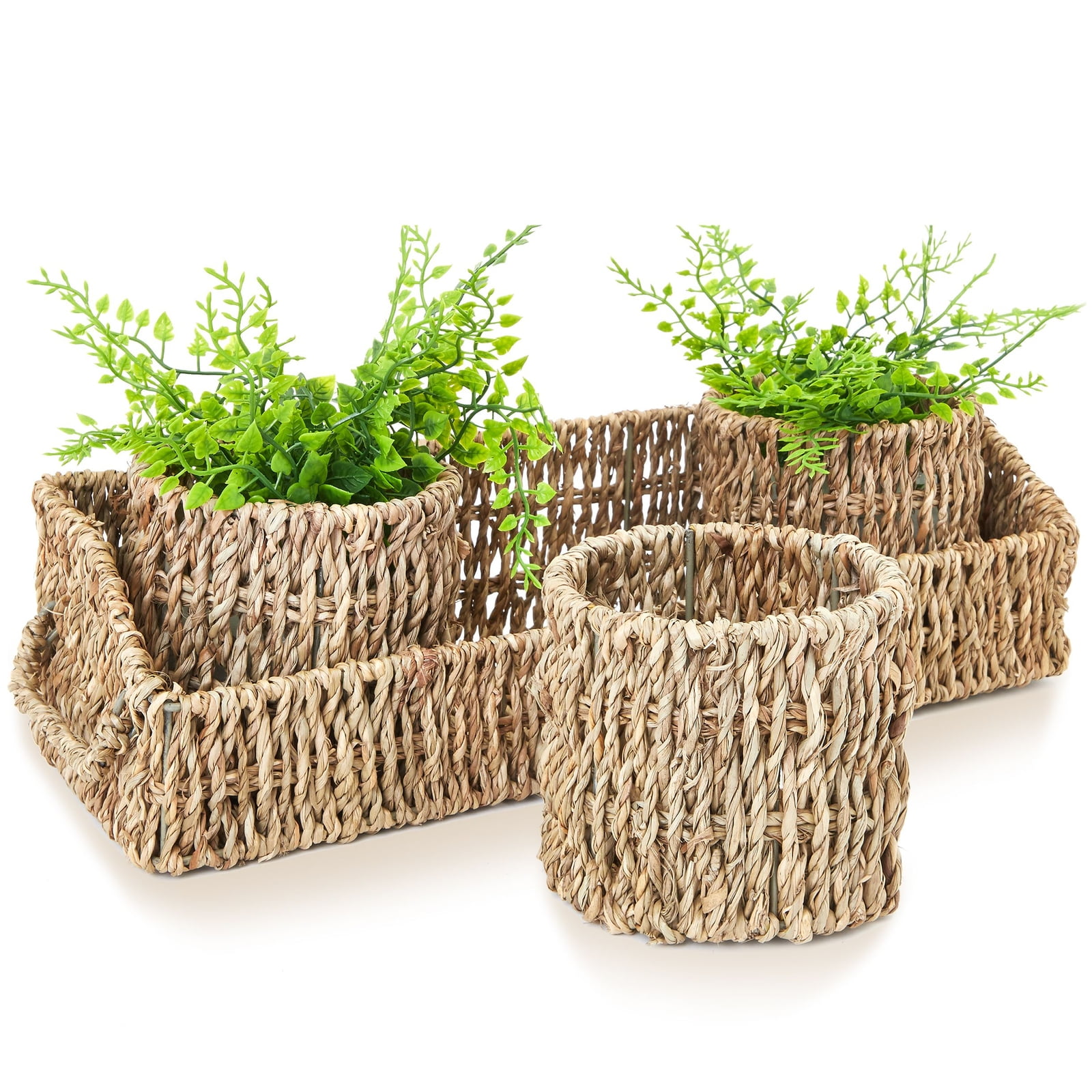 Set of 3 Wicker Round Storage Baskets for Shelves with Rectangular ...