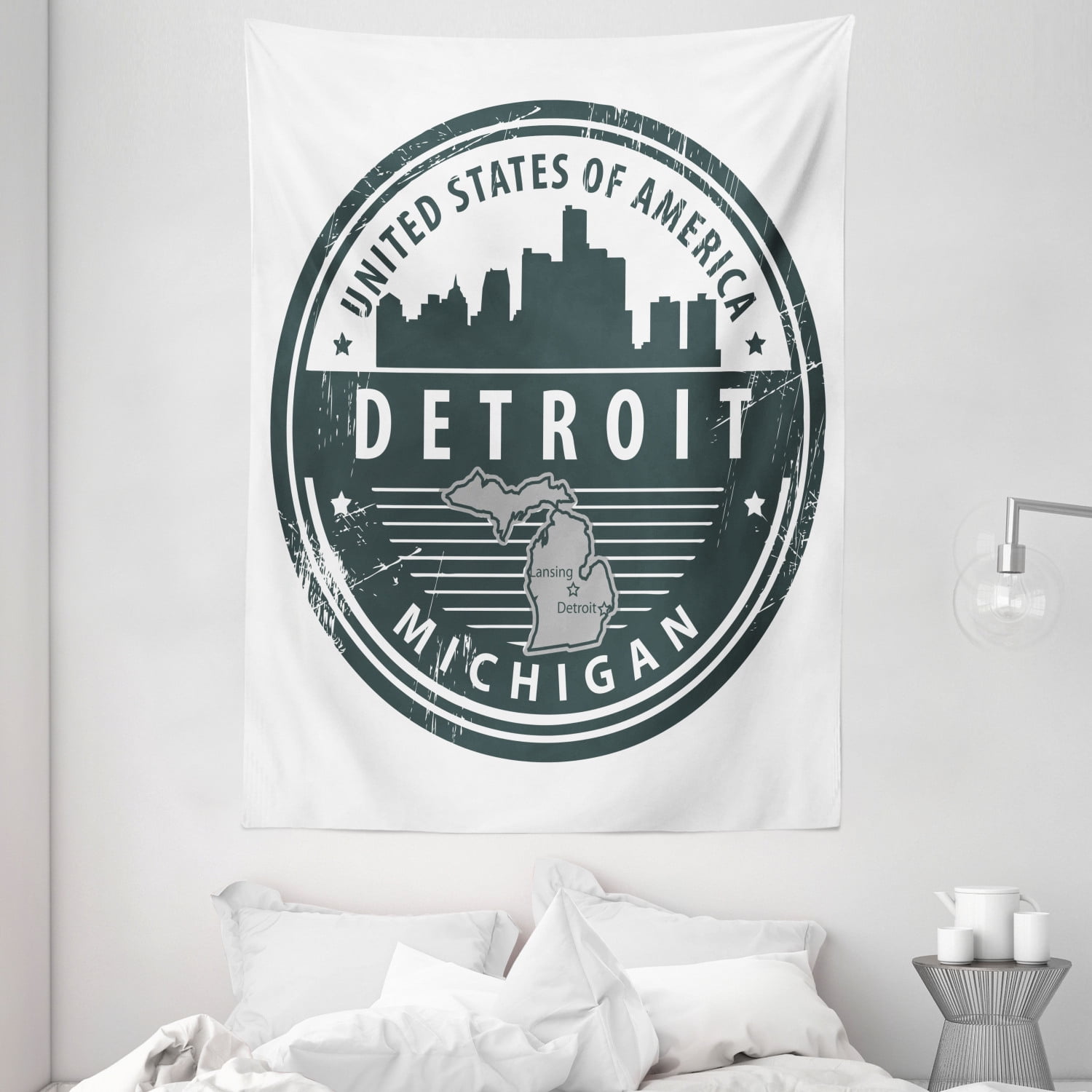 Detroit Tapestry, Damaged Old Stamp of Michigan USA with City Map ...