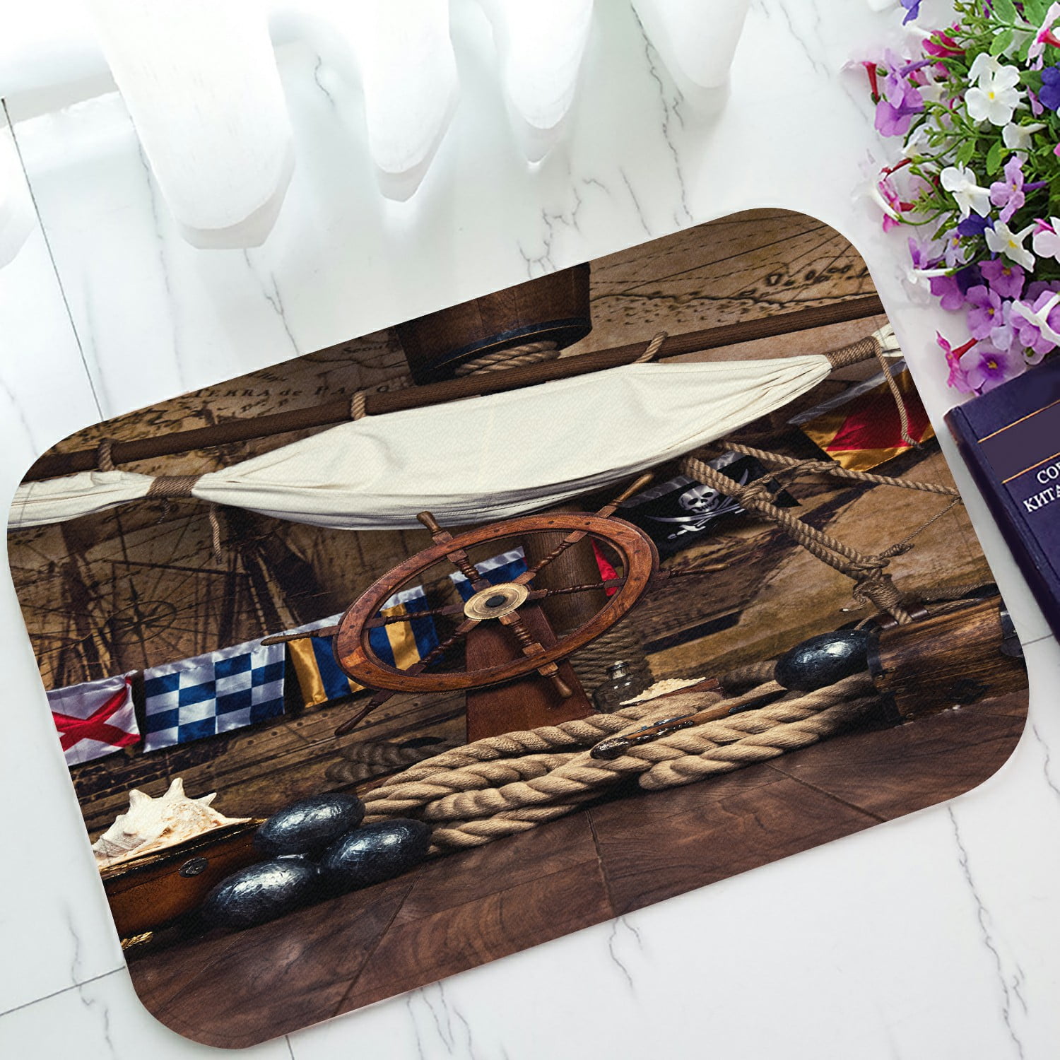 ECZJNT Pirates ship deck with steering wheel and flag Welcome Doormat ...