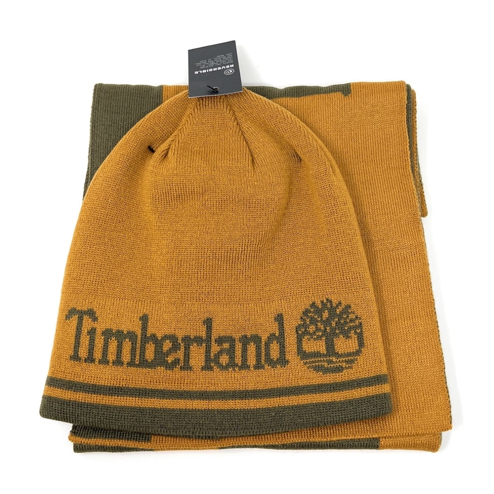 Timberland Men's Logo Jacquard Reversible Scarf Muffler & Beanie Hat ...