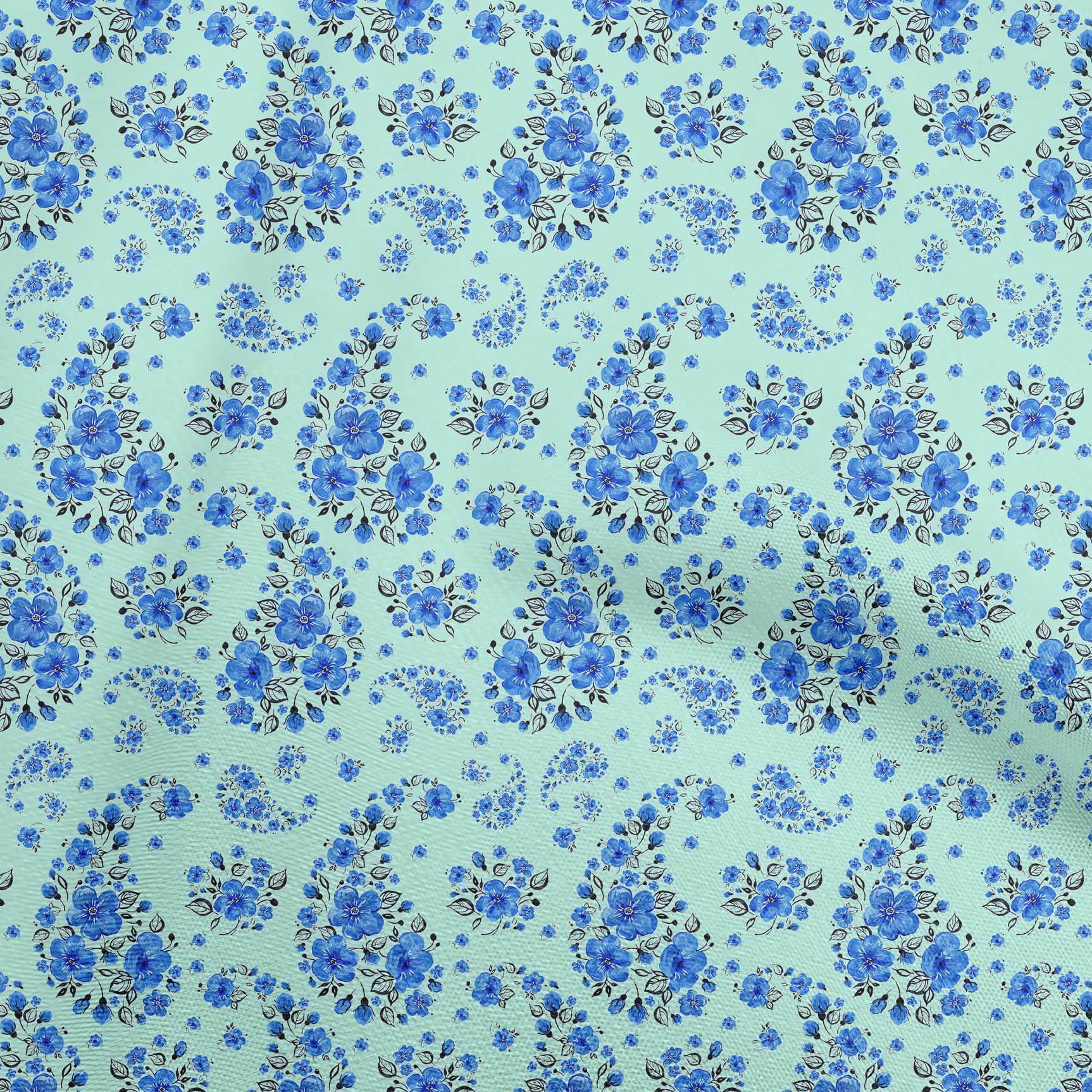 oneOone Cotton Cambric Turquoise Blue Fabric Asian Paisley With Floral ...