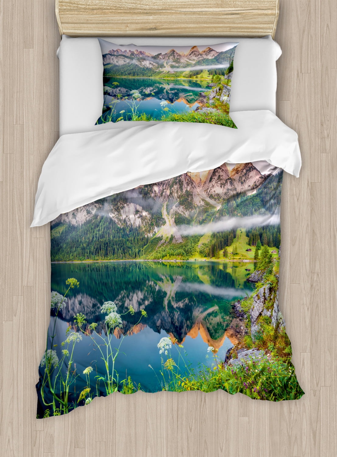 Nature Twin Size Duvet Cover Set, Misty Summer Morning on Austrian Alps ...