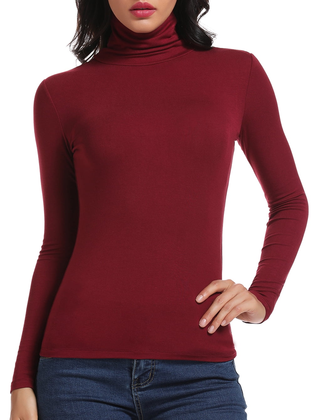 MANIFIQUE Womens Long Sleeve Mock Turtleneck Stretch Fitted Lightweight ...