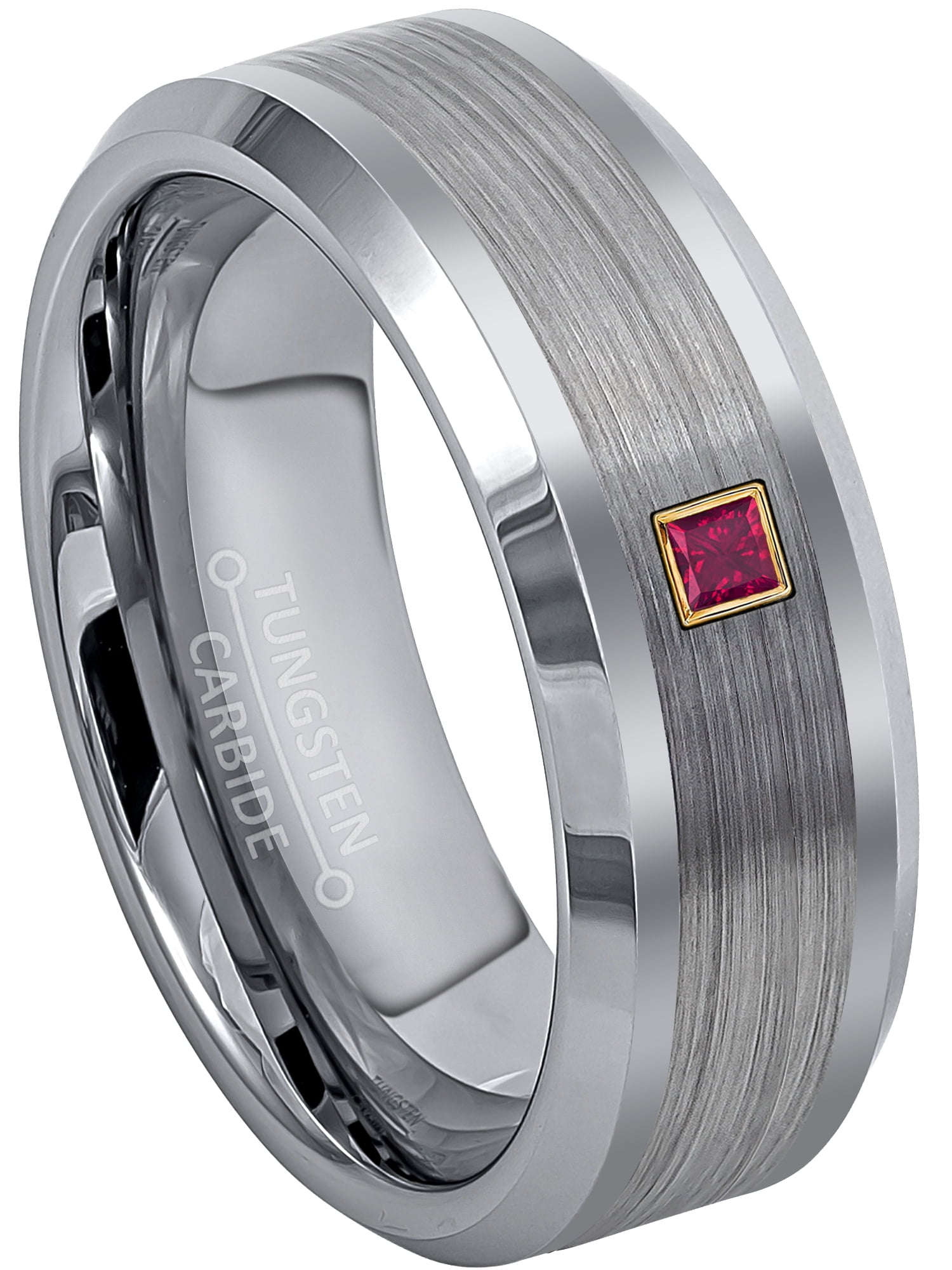 0.05ctw Princess Cut Ruby Tungsten Ring - 8MM Brushed Finish Beveled ...